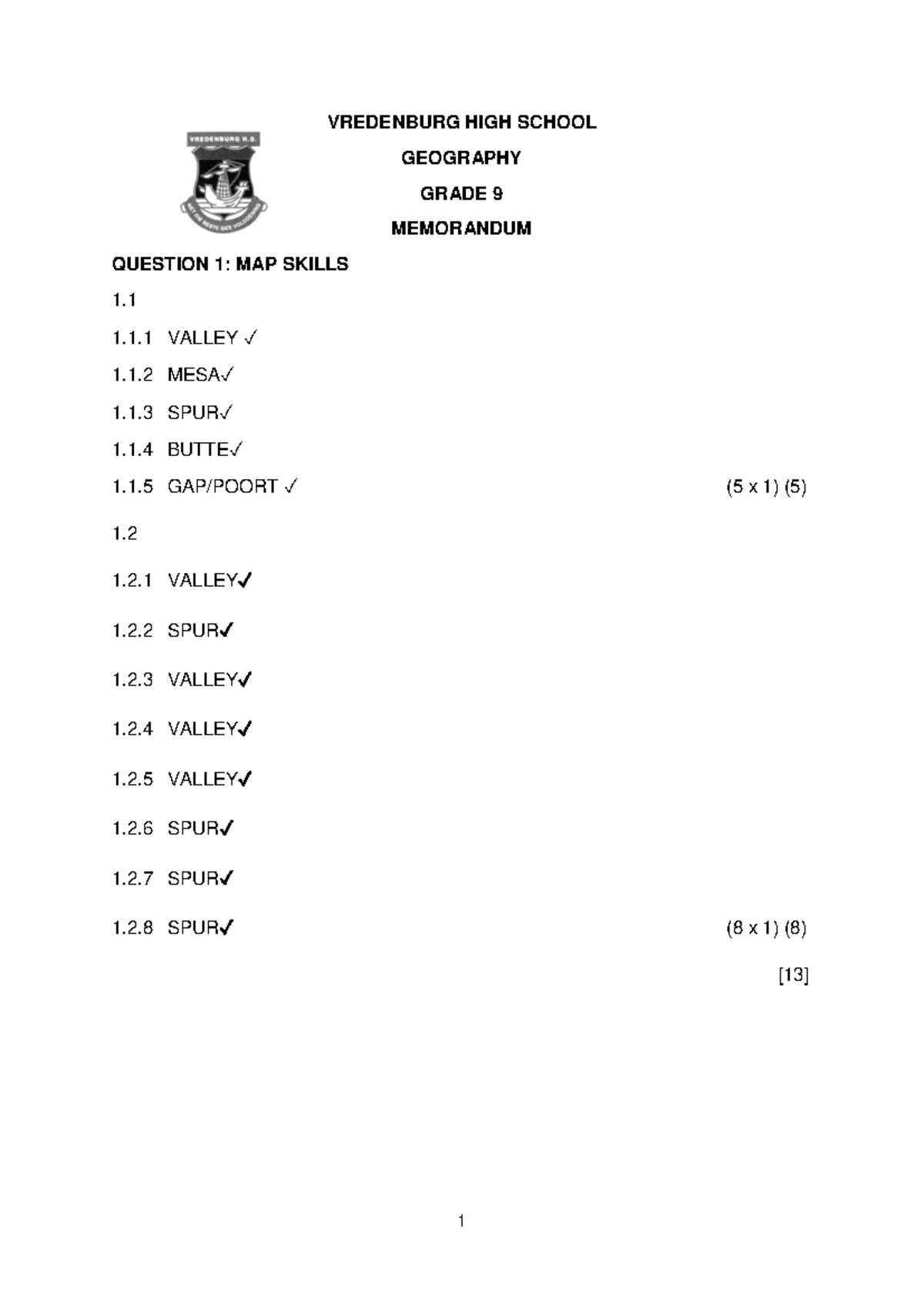 GR9 history past paper - VREDENBURG HIGH SCHOOL GEOGRAPHY GRADE 9 ...