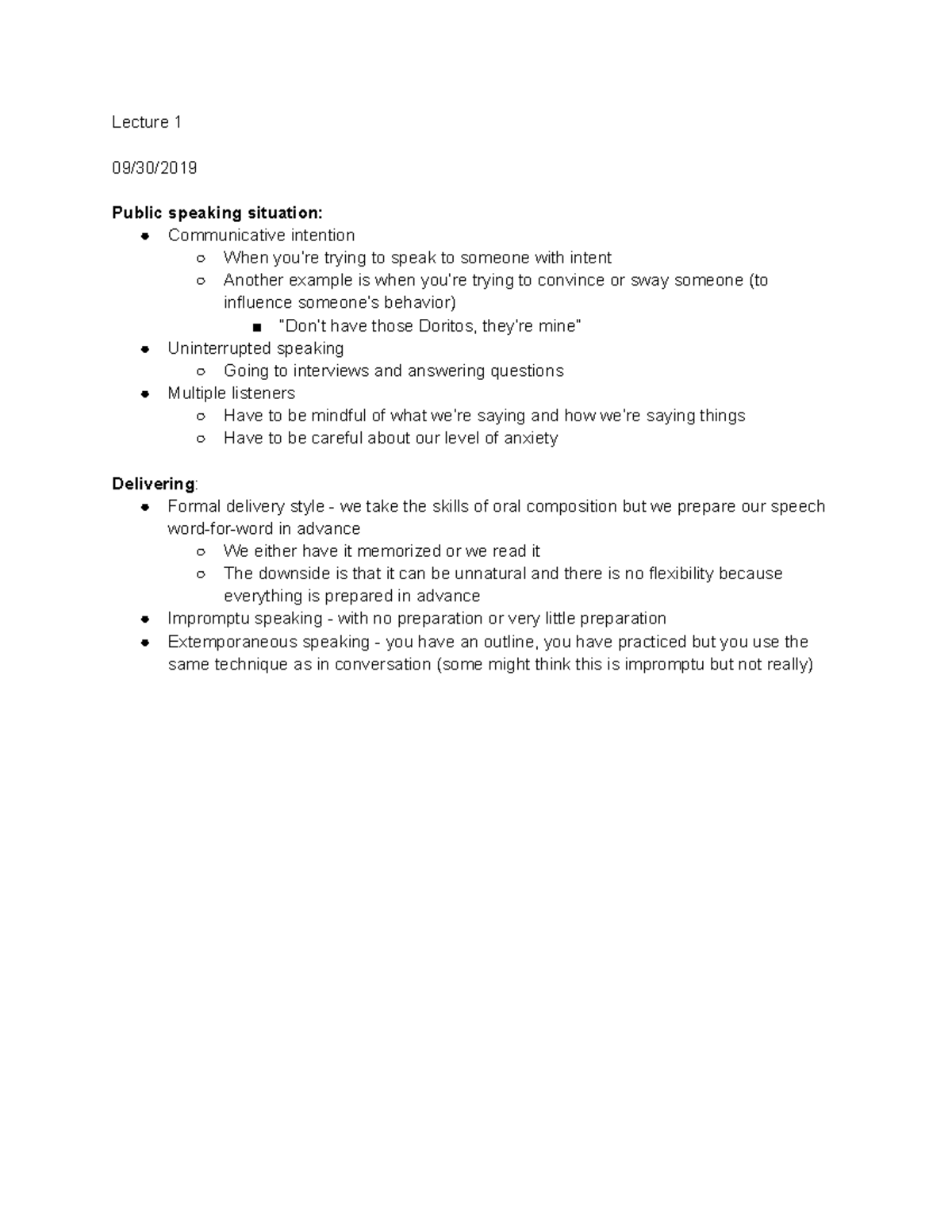 Lecture 1 - Assignment done during class - Lecture 1 09/30/ Public speaking situation: - Studocu