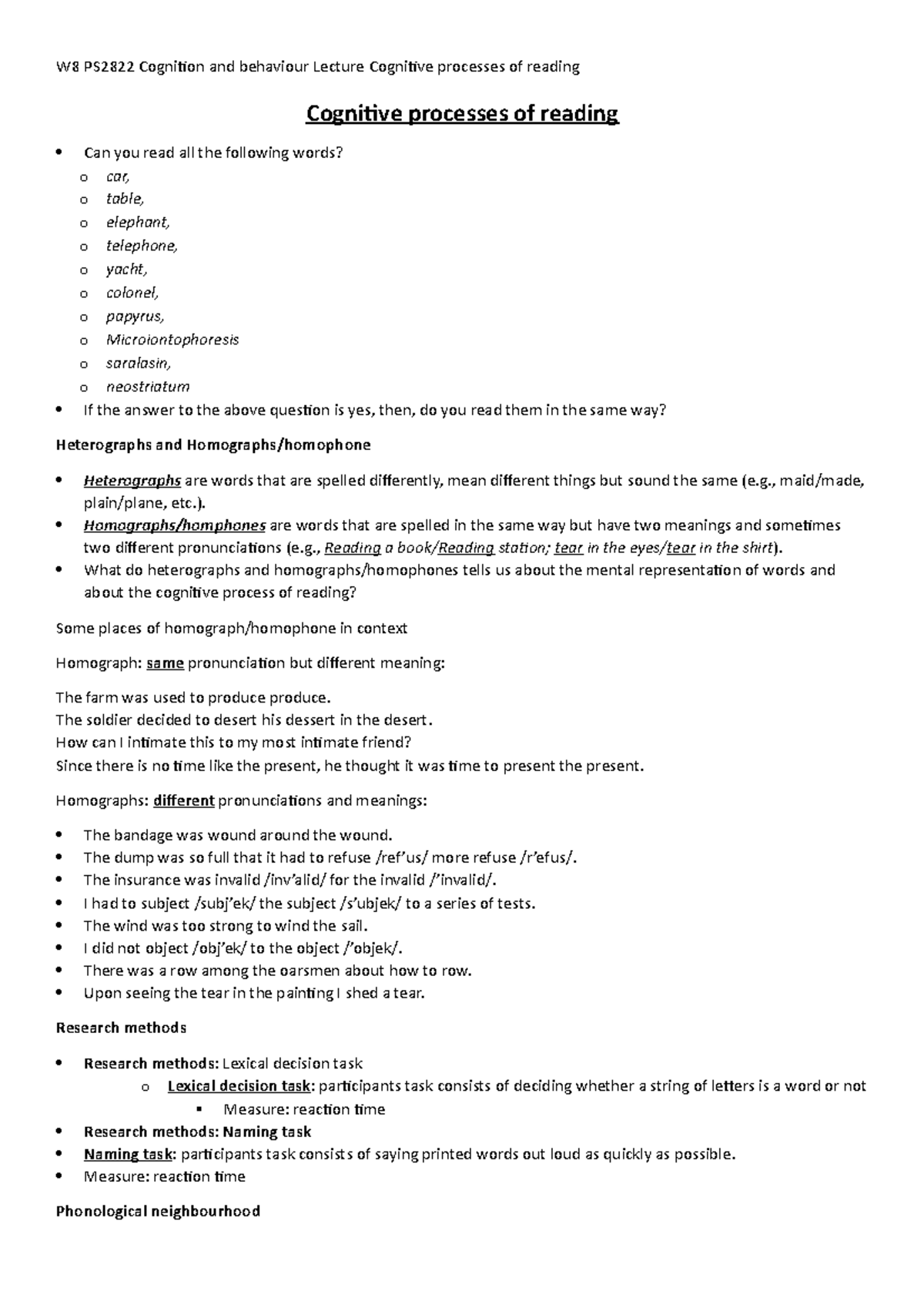 W8 PS2822 Cognition and behaviour Lecture Cognitive processes of ...