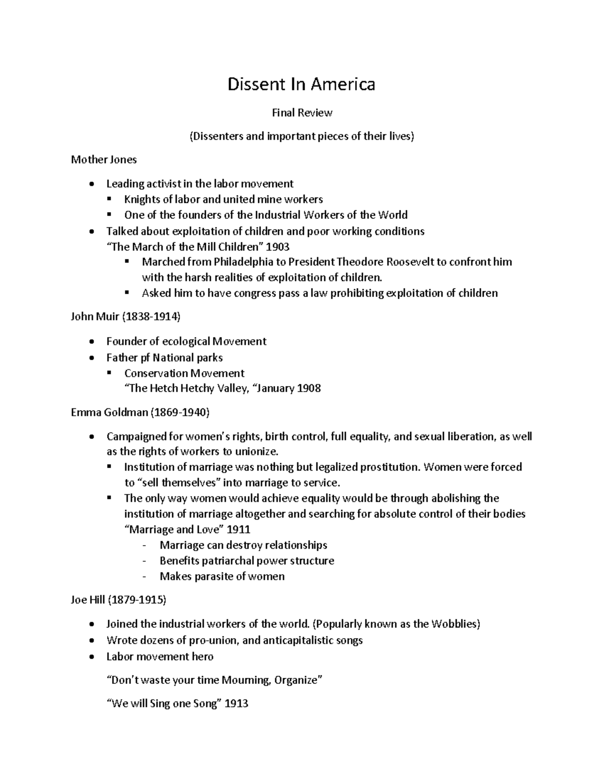 Dissent In America final lecture notes - Dissent In America Final ...