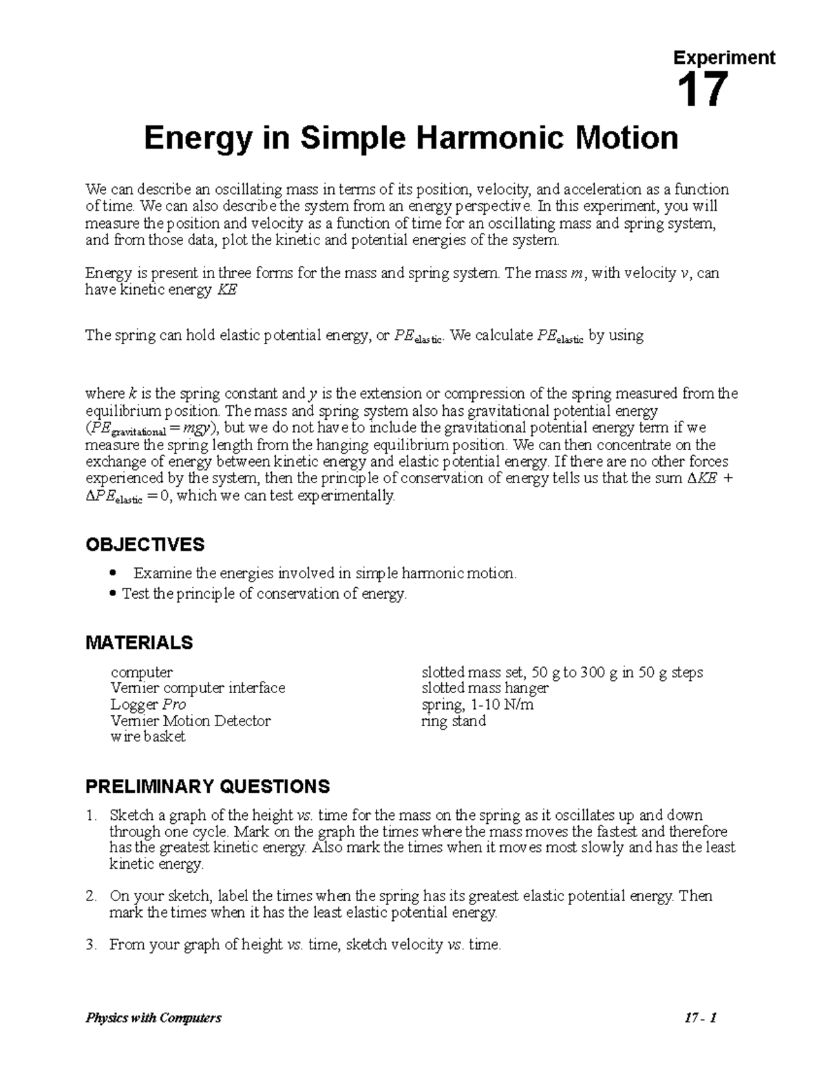 17 Energy in SHM - Lab writeup for elementary physics - Experiment 17 ...