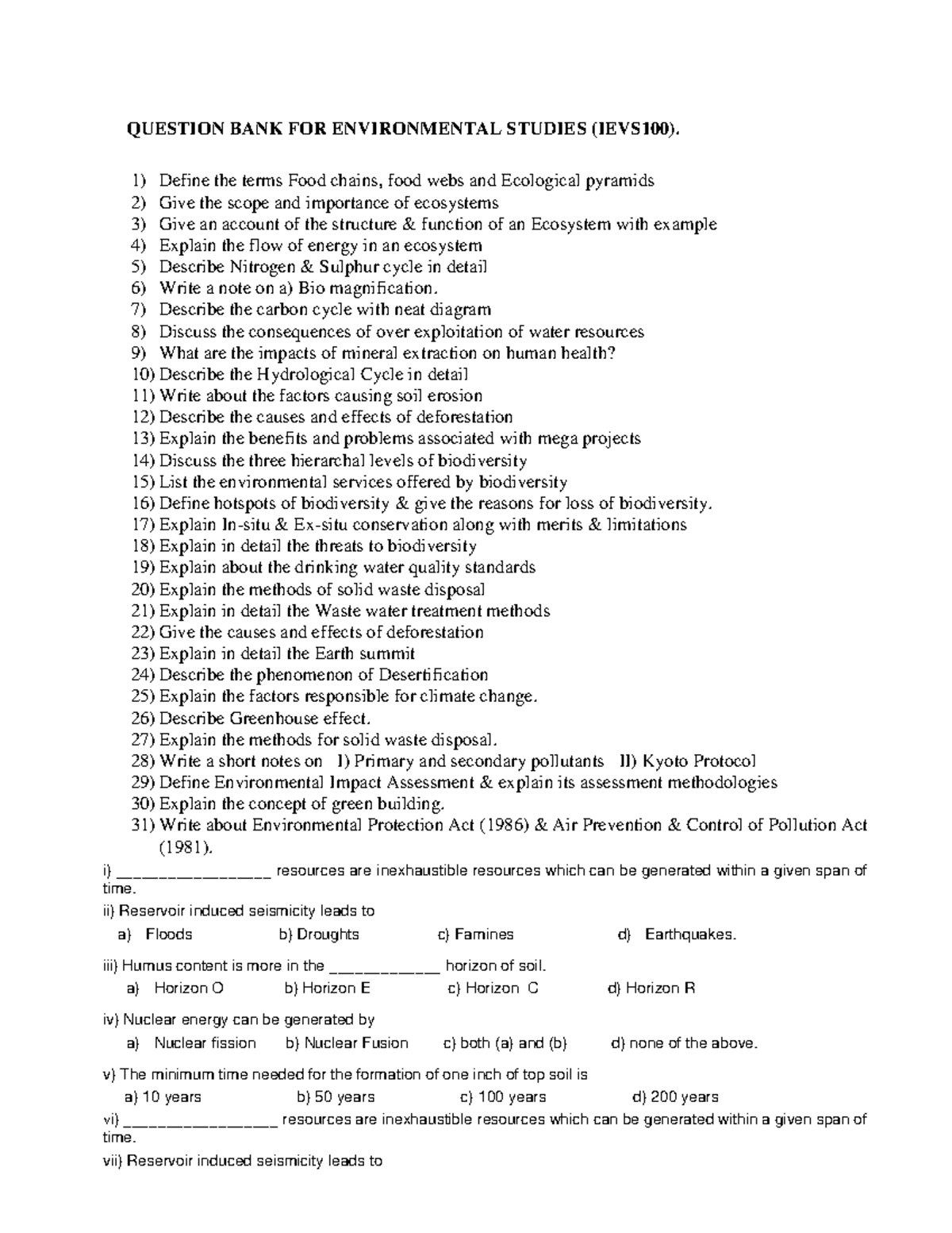 EVS-Question Bank - QUESTION BANK FOR ENVIRONMENTAL STUDIES (IEVS100 ...
