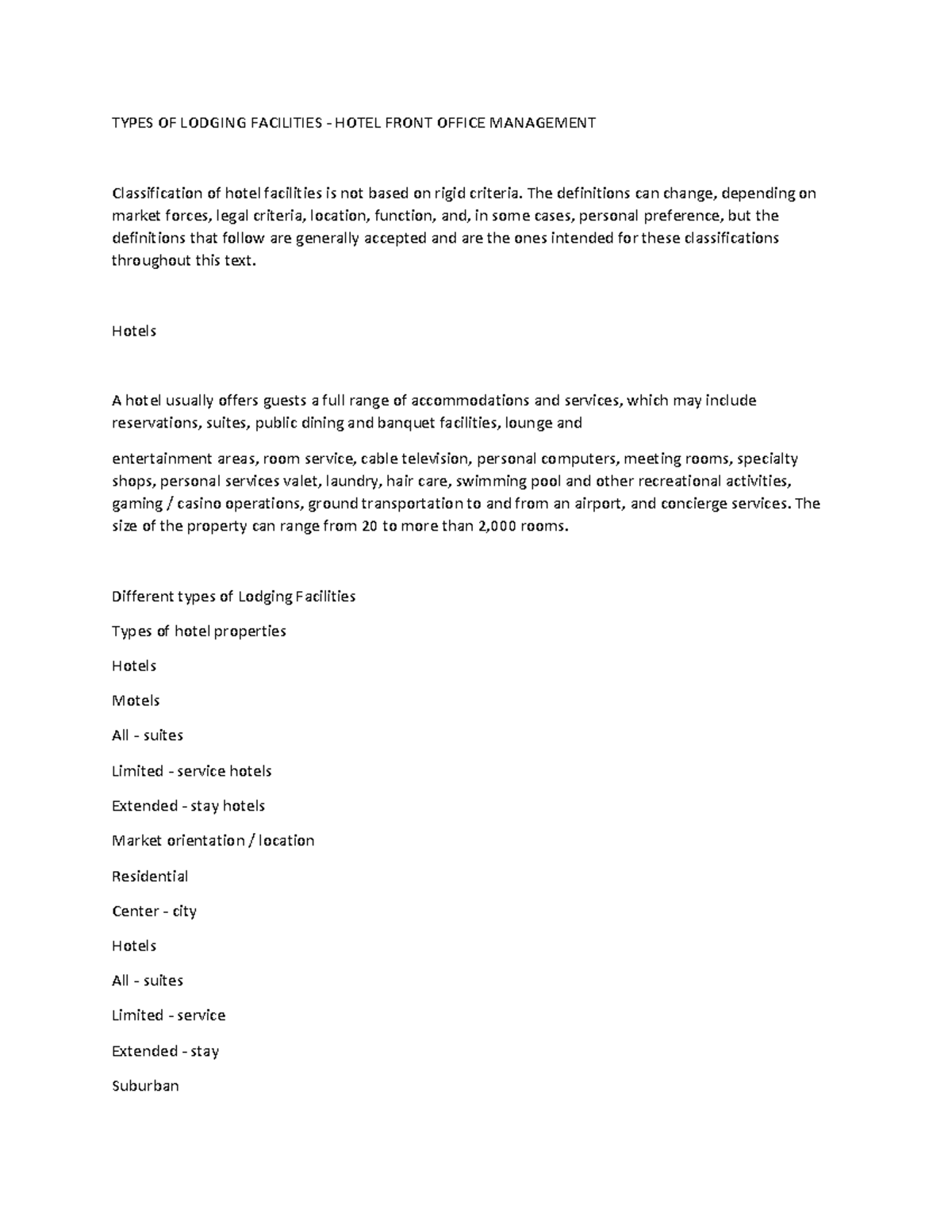 Types of Lodging Facilities - TYPES OF LODGING FACILITIES - HOTEL FRONT ...