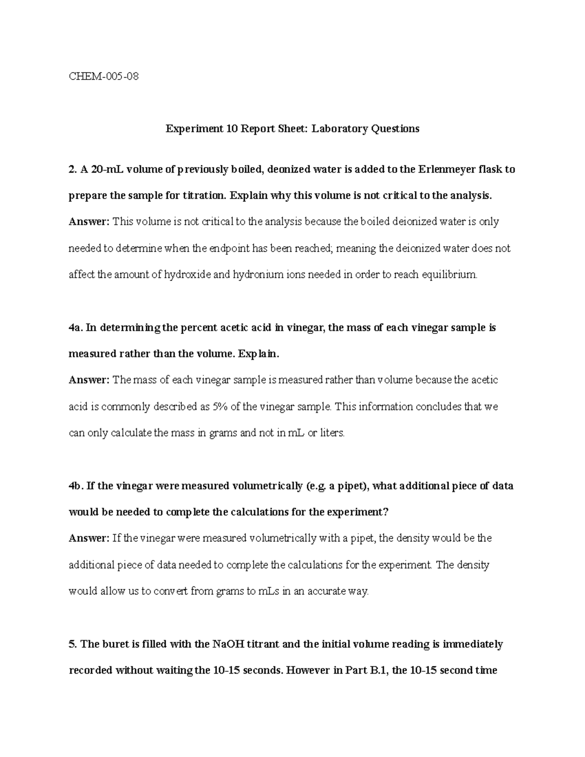 Experiment 10 Vinegar Analysis Report Sheet - CHEM-005- Experiment 10 ... Experiment 10 Vinegar Analysis Report Sheet - CHEM-005- Experiment 10 ...
