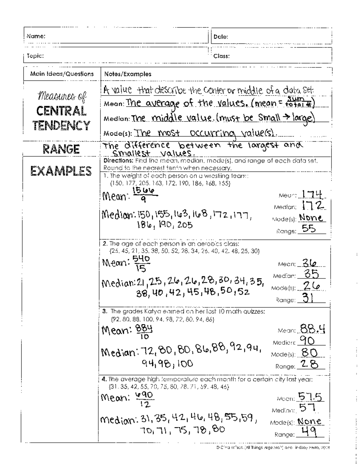 Measures of Center Notes Answer Key - Name: Date: Topic: Class: Main A ...
