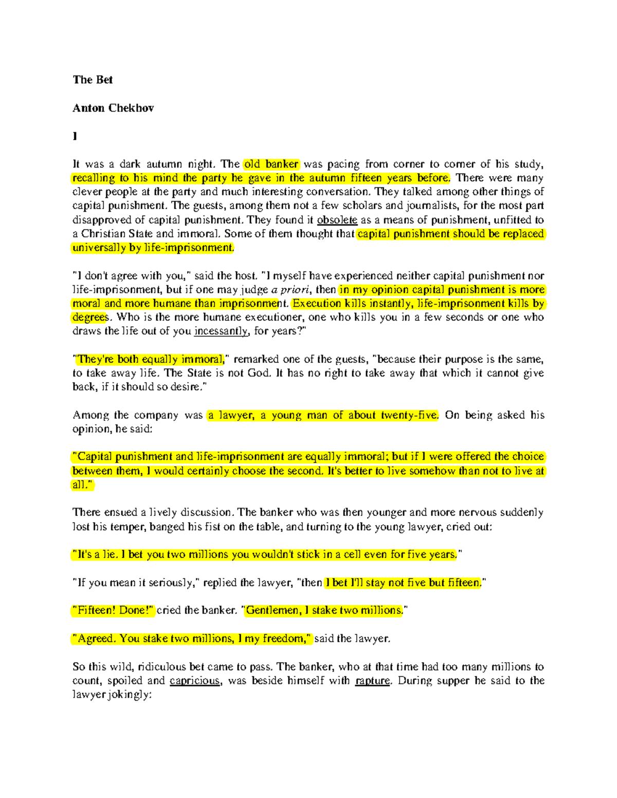 2 The-bet pdf - "The Bet" is an 1889 short story by Anton Chekhov about ...