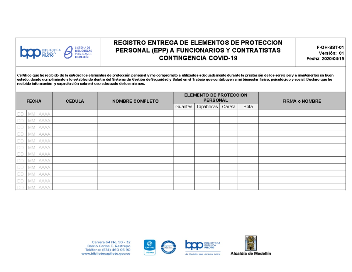 Formato entrega elementos de proteccion f gh sst 01 v1 - REGISTRO ENTREGA DE ELEMENTOS DE ...