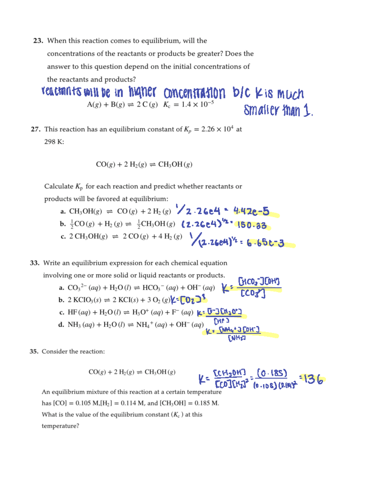 Ch 15 Textbook Problems - reactantswillbe in higher concentration blok ...