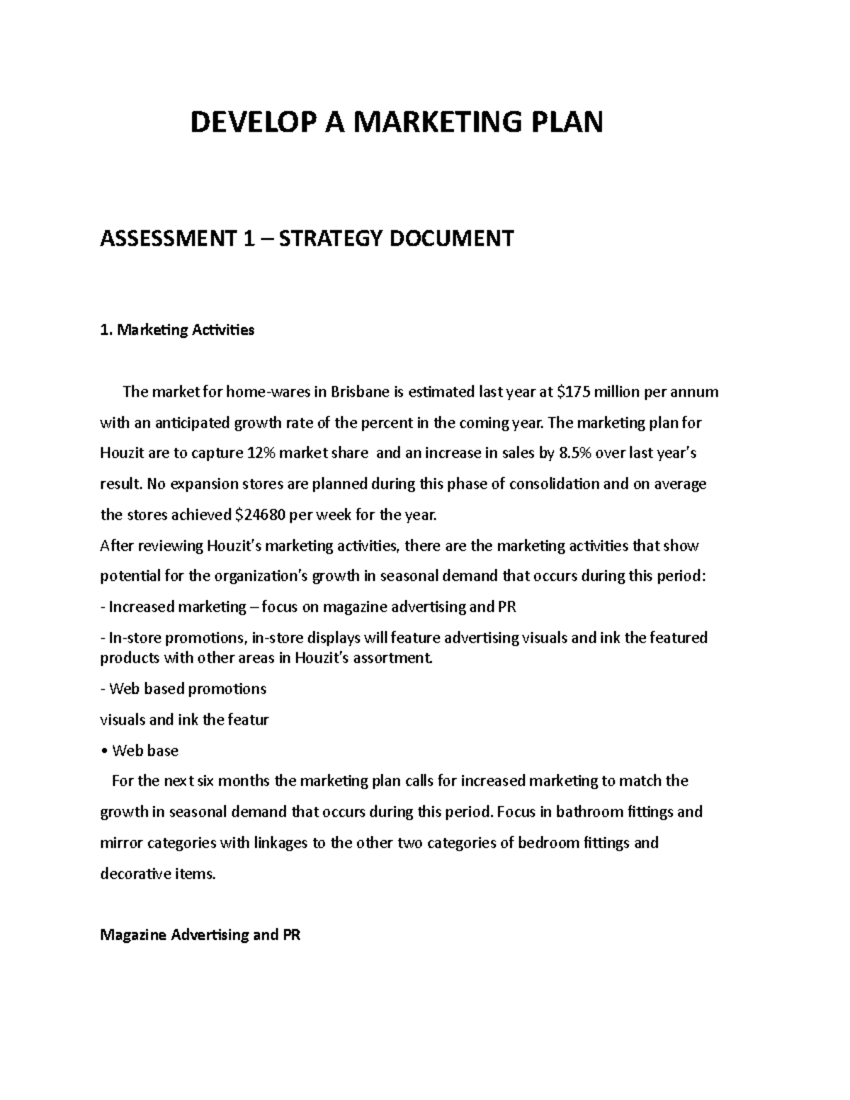 Develop A Marketing PLAN Assessment 1 ST - DEVELOP A MARKETING PLAN ...