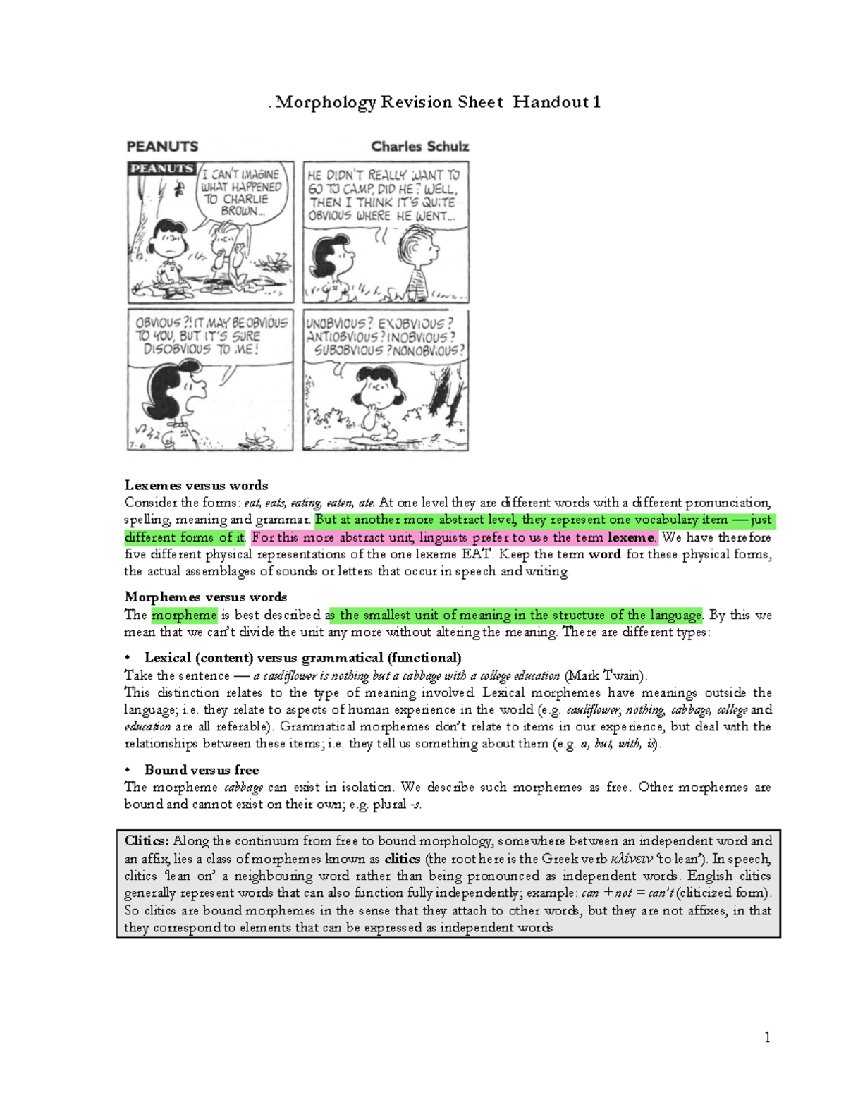 Handout morphology revision - 1 ATS2681 Morphology Revision Sheet ...