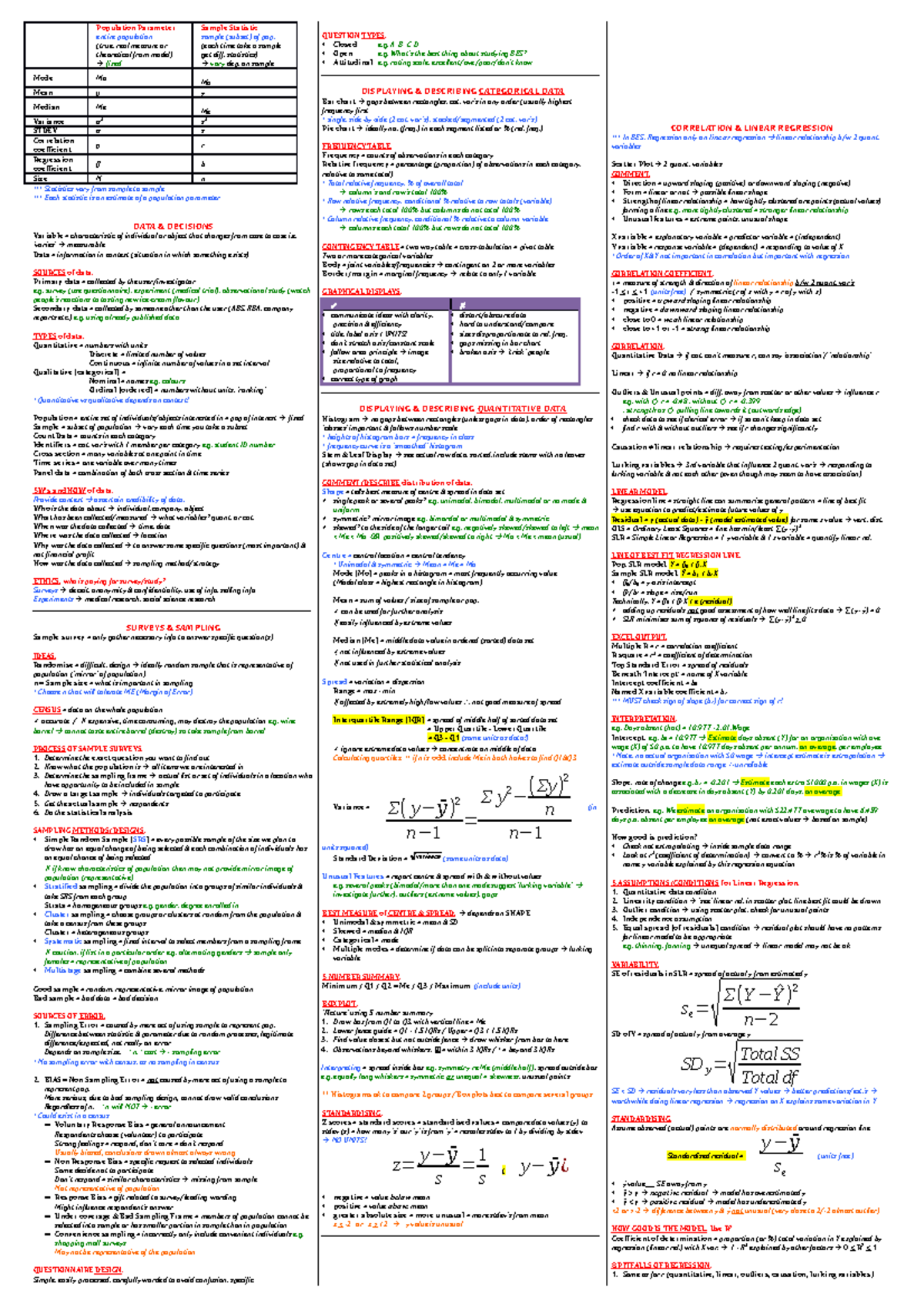 Cheat Sheet for Mid Semester Test - Population Parameter entire ...