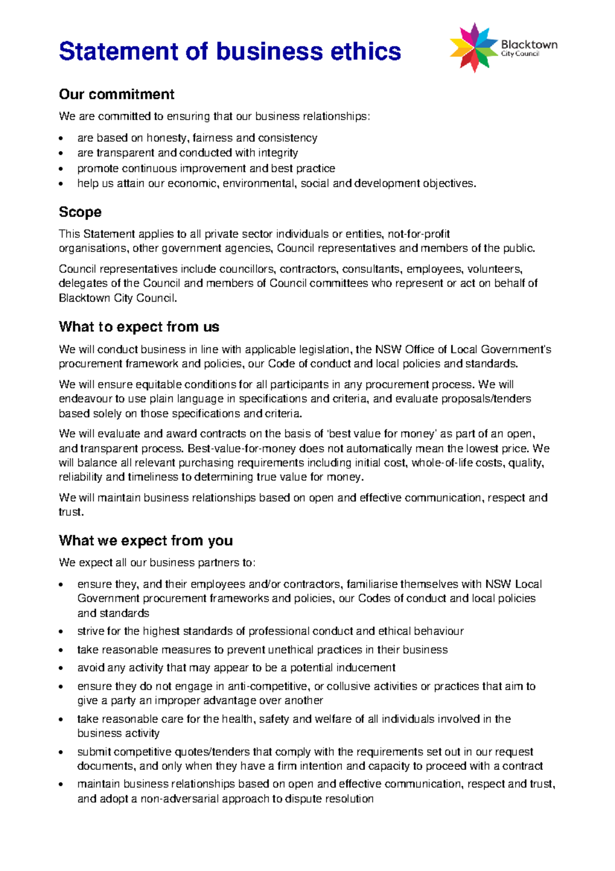 Statement of business ethics - Scope This Statement applies to all ...