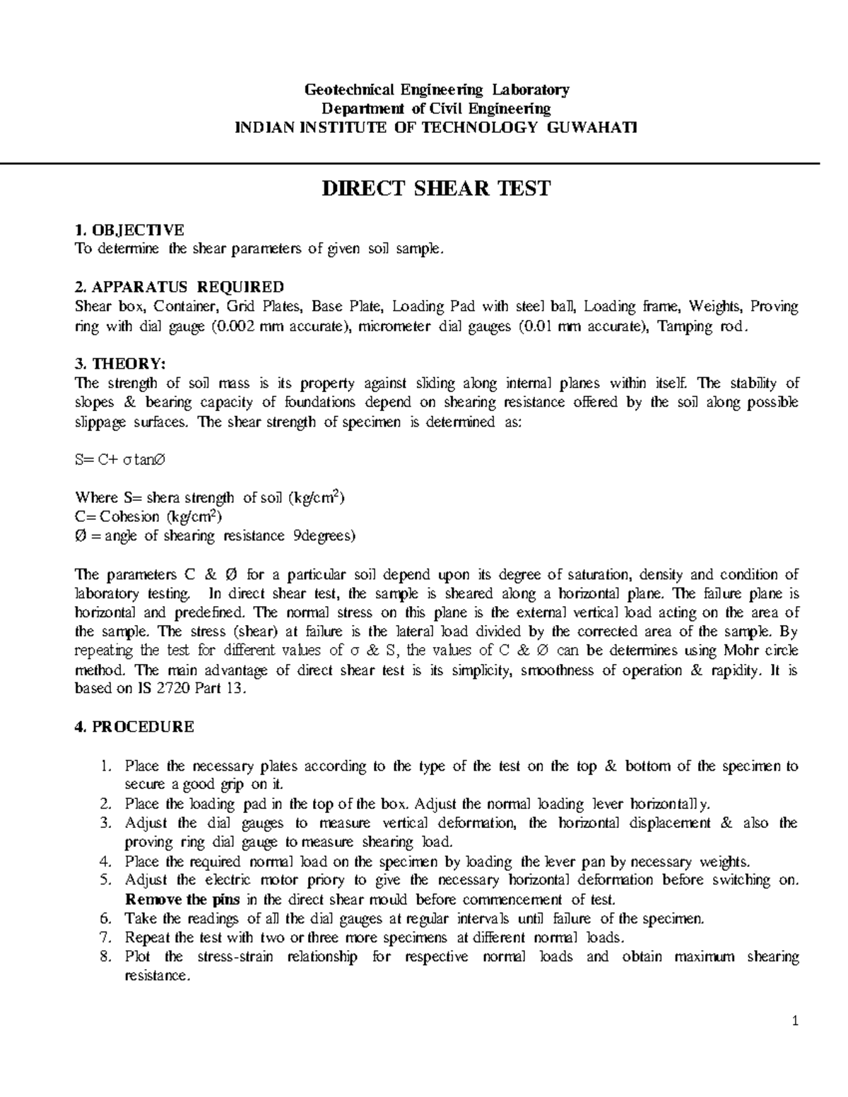 Direct shear test - Notes - 1 Geotechnical Engineering Laboratory ...