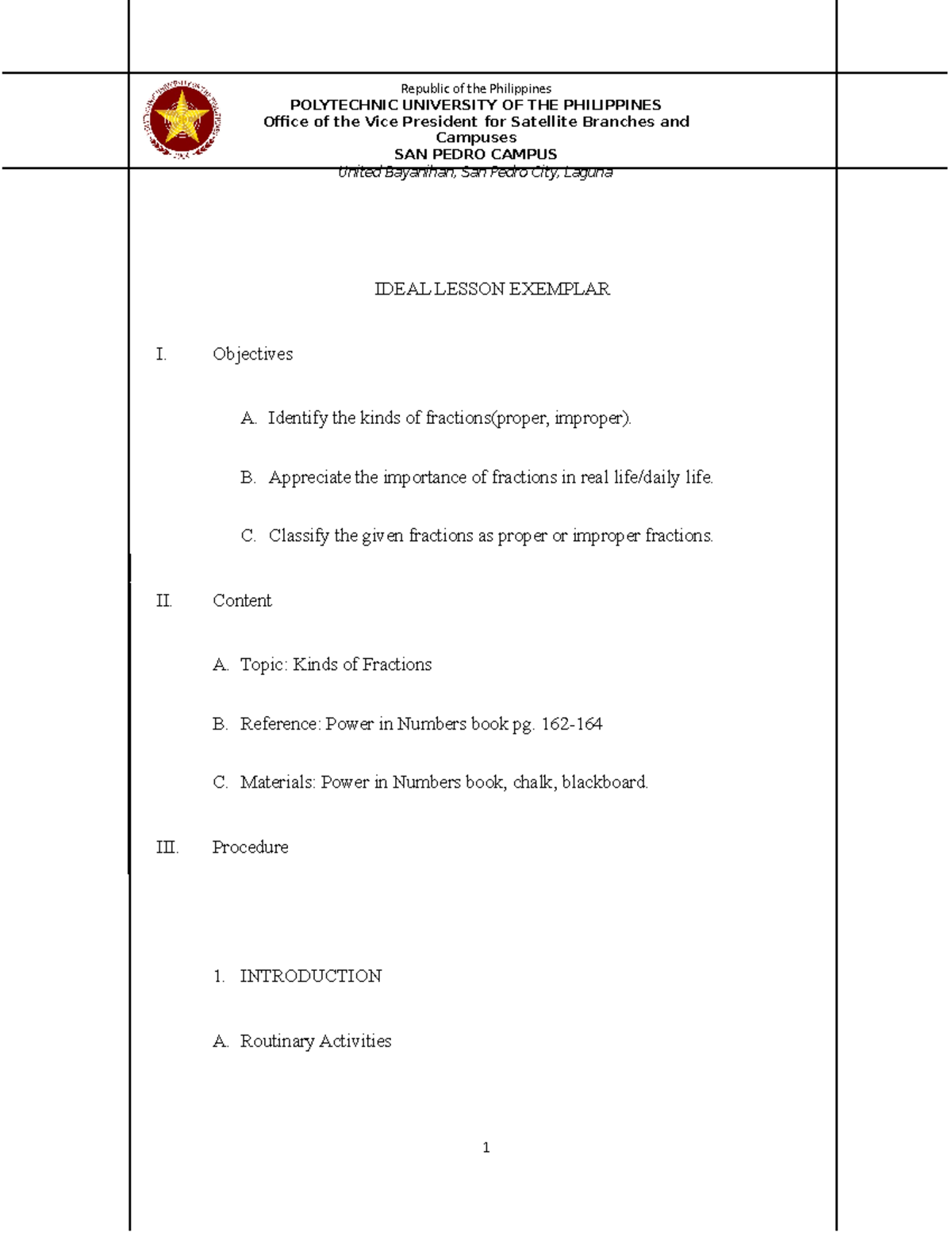 Ideal Lesson Exemplar - IDEAL LESSON EXEMPLAR I. Objectives A. Identify ...