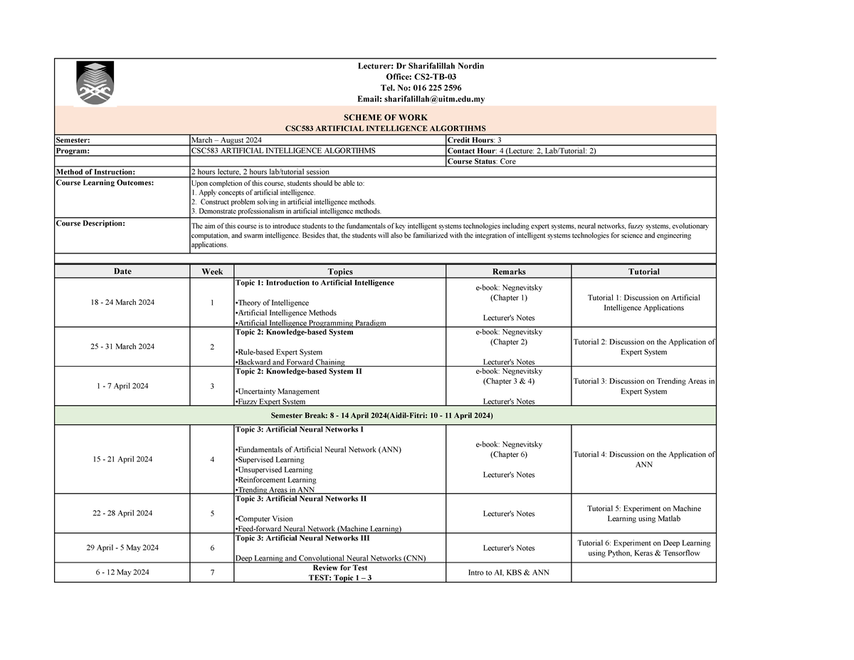 Scheme OF WORK CSC583 MAC-AUG 2024 - CSC583 ARTIFICIAL INTELLIGENCE ...