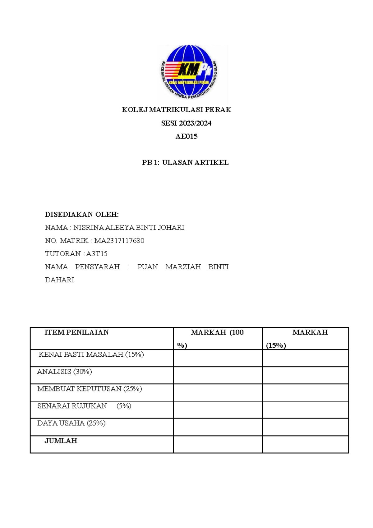 Final eko - artikel ekonomi - KOLEJ MATRIKULASI PERAK SESI 2023/ AE PB ...