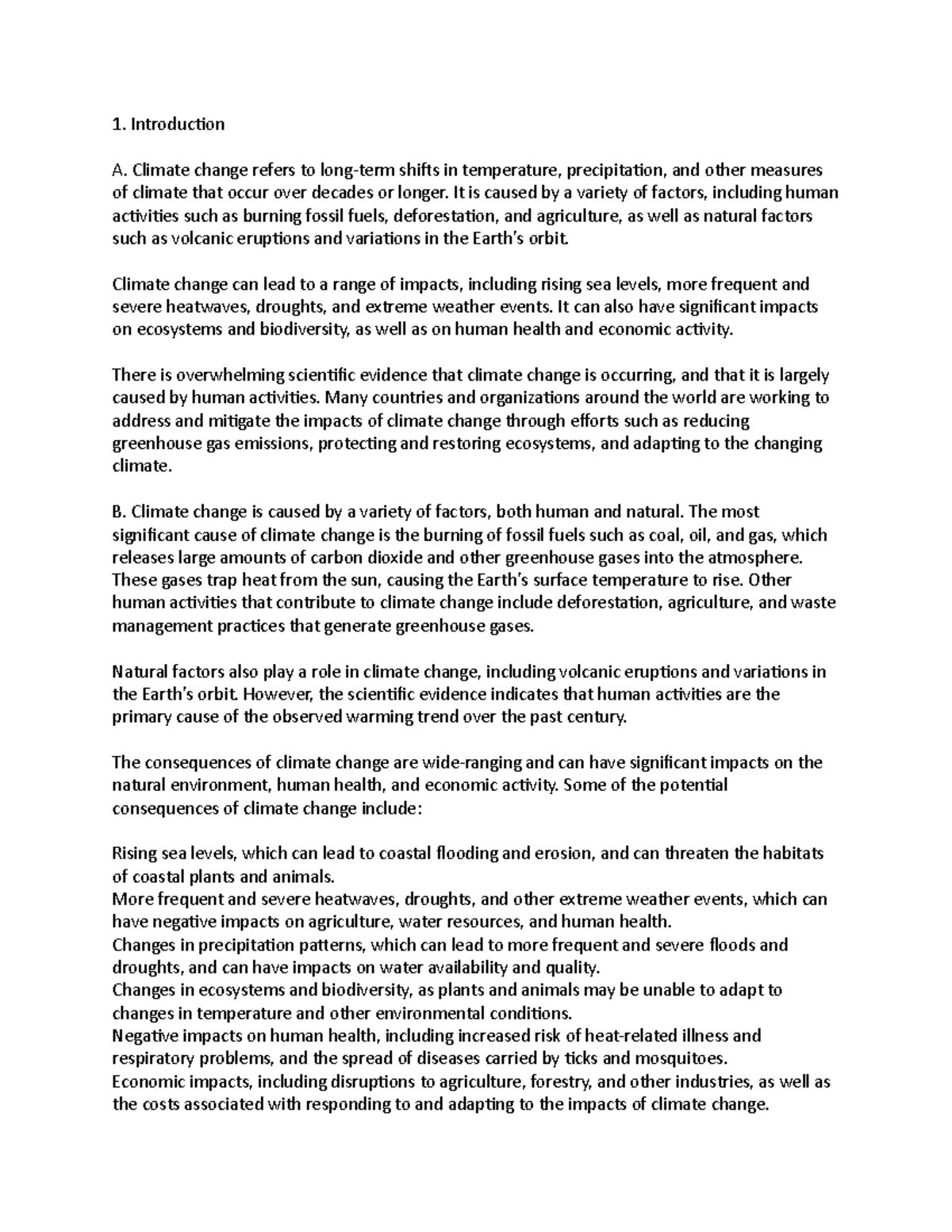 Climate Change - Introduction A. Climate change refers to long-term ...