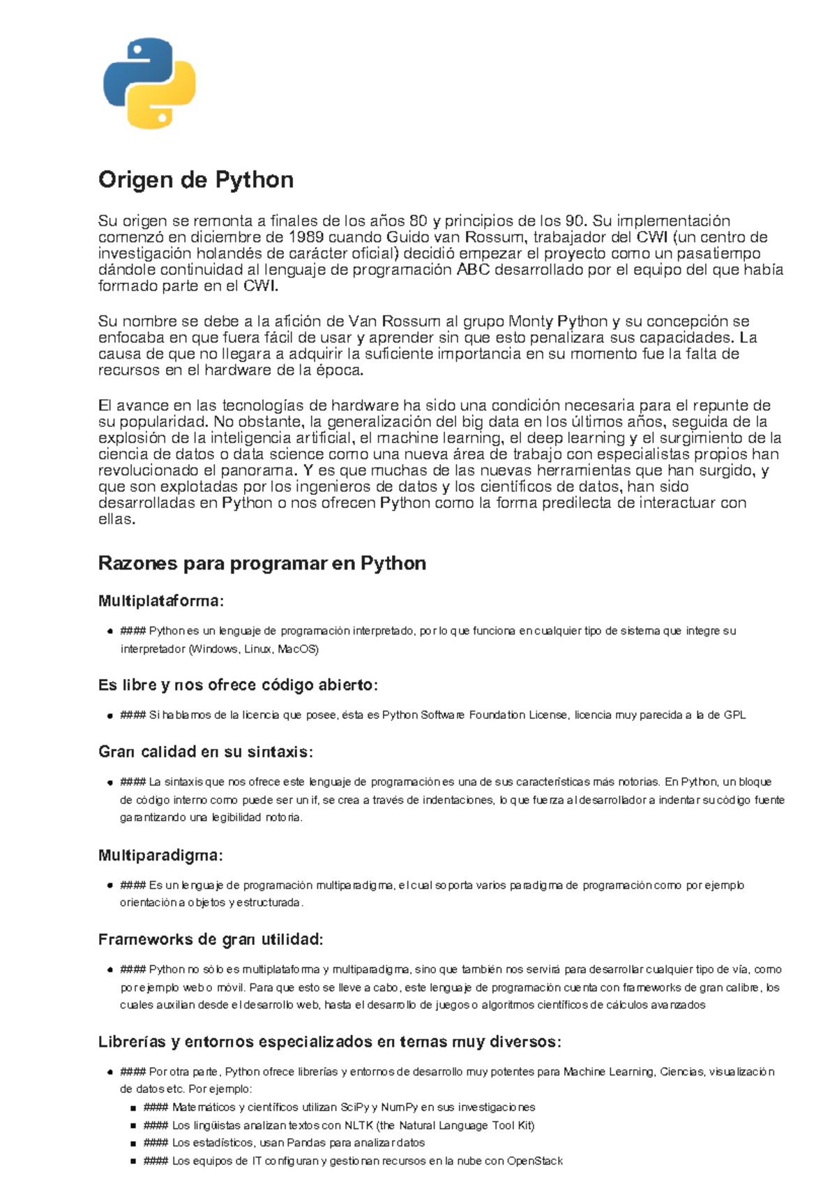 Temas Y Ejercicios - software - Origen de Python Su origen se remonta a ...