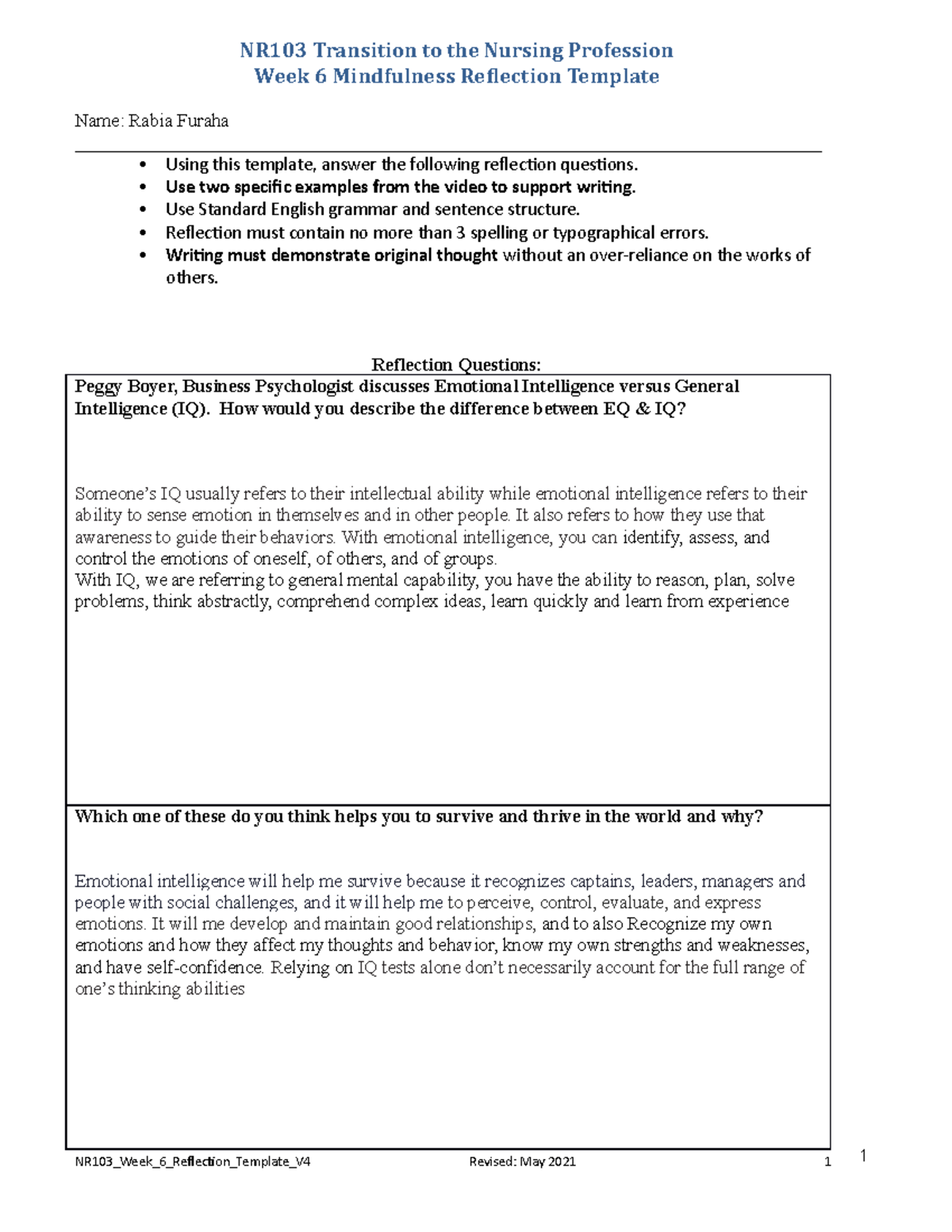 NR103 Week6 Reflection Template May2021 - NURS 3135 - UWG - Studocu