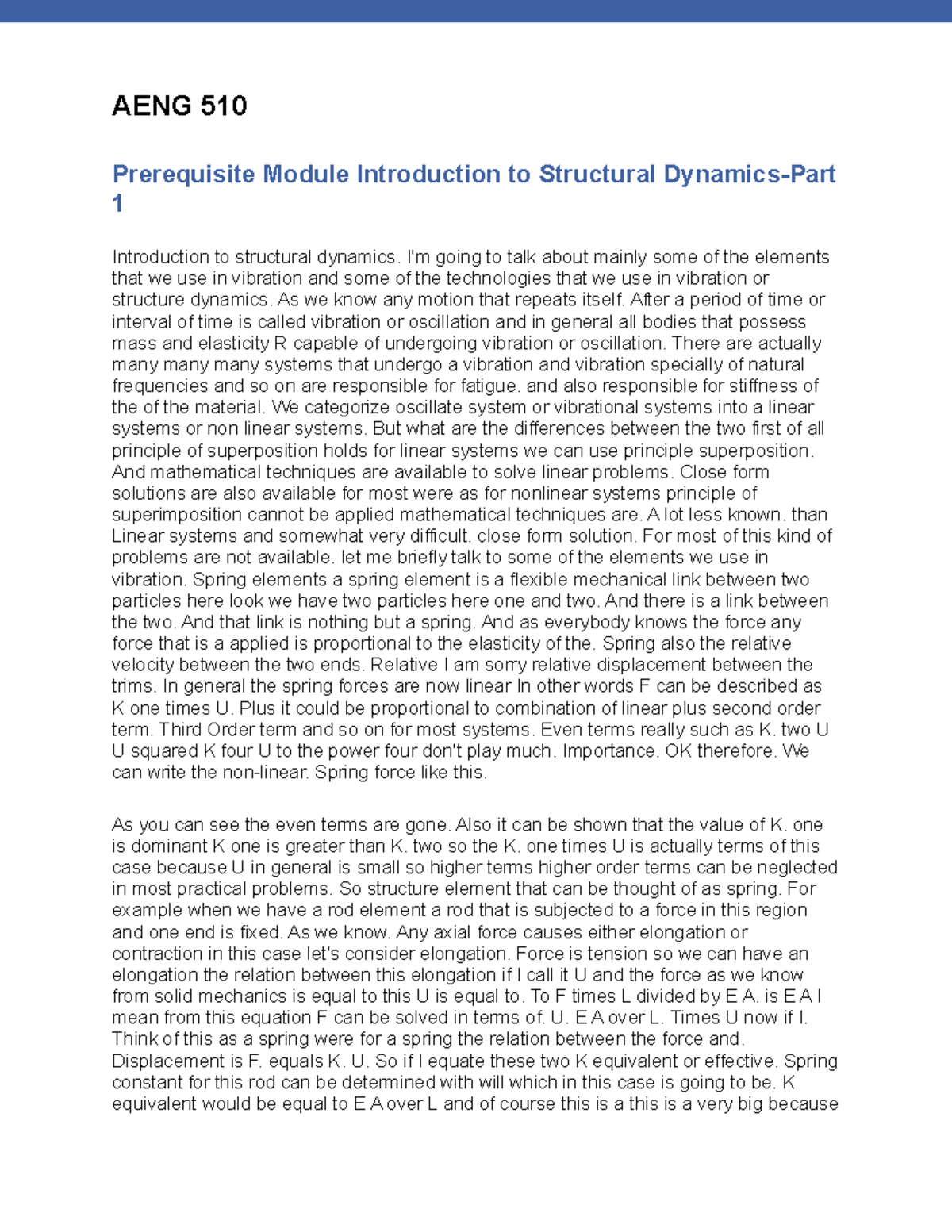 Prerequisite Module Introduction to Structural Dynamics-part1 - AENG ...
