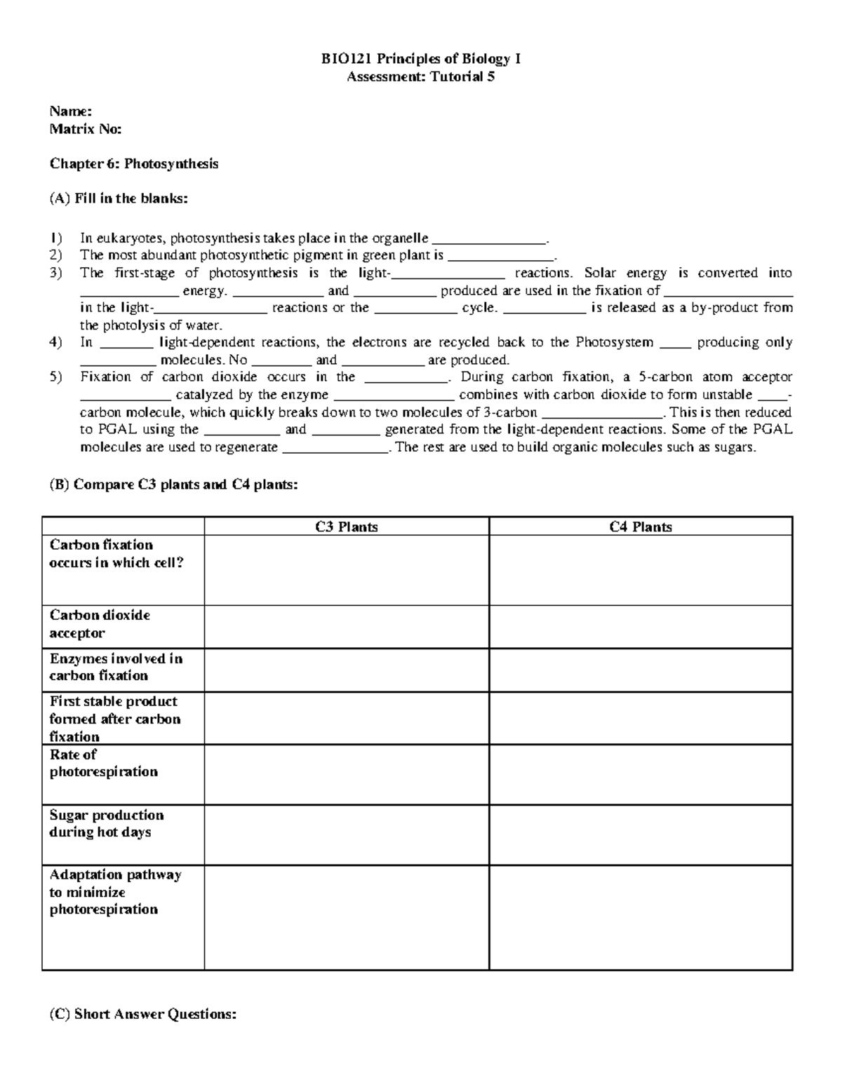 BIO121 Tutorial 5 (Chapter 6) Aug 2022 - BIO121 Principles of Biology I ...
