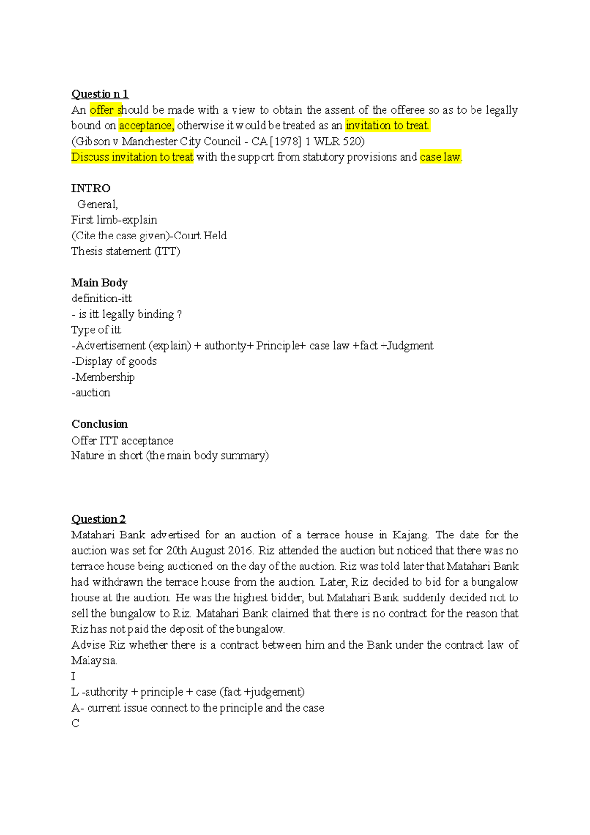 Sample of question for tutorial - Questio n 1 An offer should be made ...