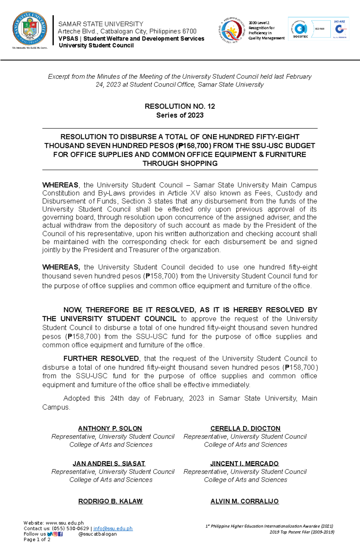 Resolution-12-Final - Proposals. - SAMAR STATE UNIVERSITY Arteche Blvd., Catbalogan City, - Studocu