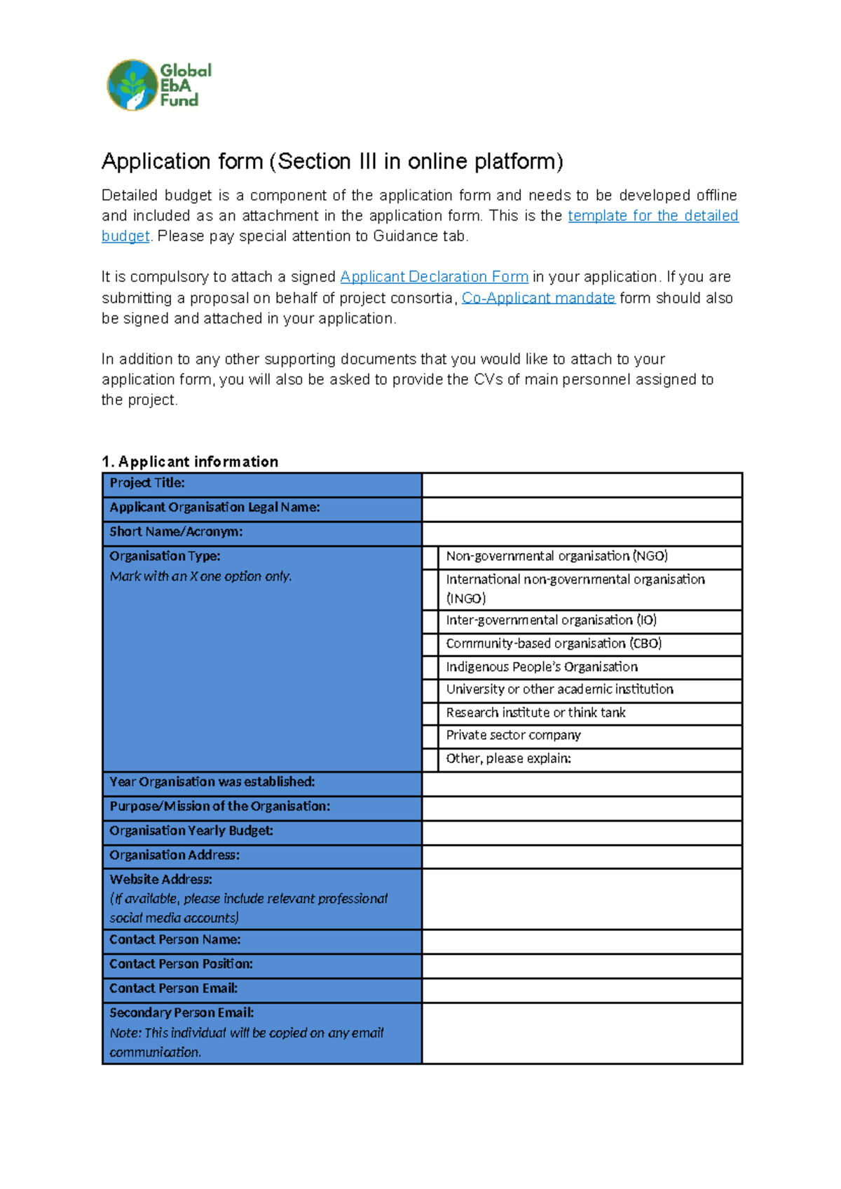 Application-form update - Application form (Section III in online ...