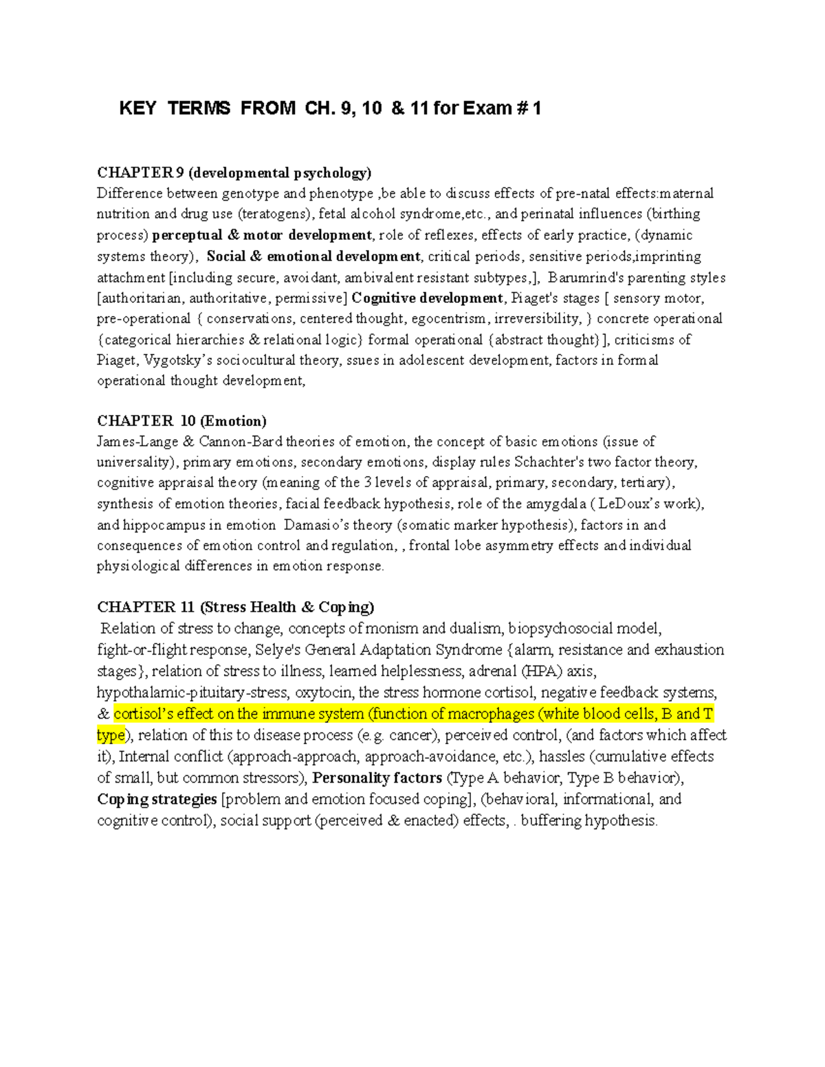 Psych study guide - KEY TERMS FROM CH. 9, 10 & 11 for Exam # 1 CHAPTER ...