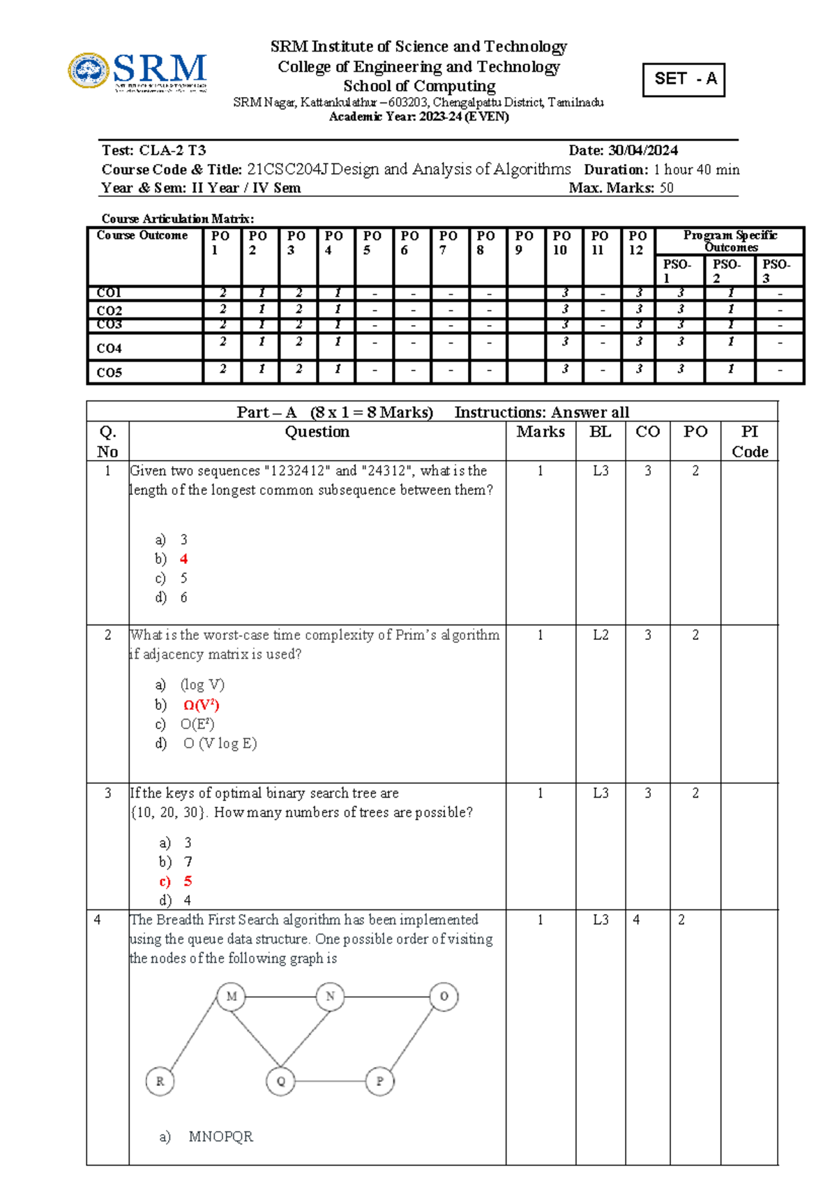 CT2-DAA-SET-A Answer KEY - SET - A SRM Institute of Science and Technology College of ...
