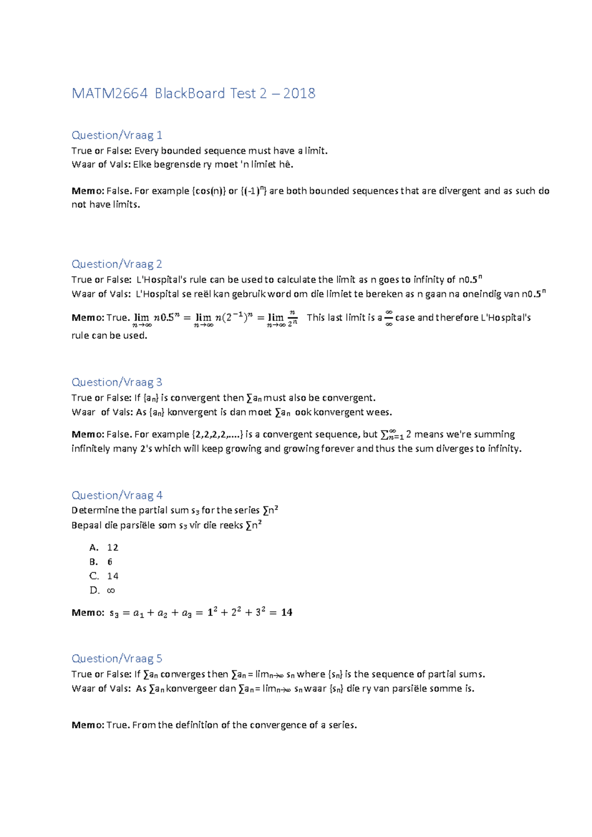 MATM2664 BB test 2 of 2018 - MATM2664 BlackBoard Test 2 – 2018 Question ...