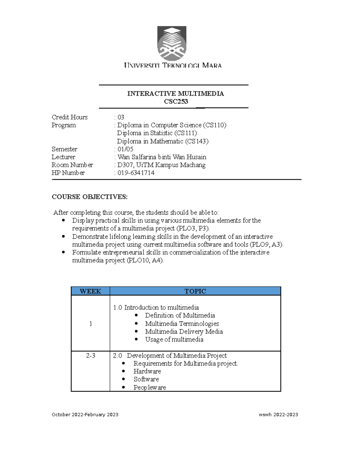 Silibus csc253 Oct 2022-Jan 2023 - INTERACTIVE MULTIMEDIA CSC Credit ...