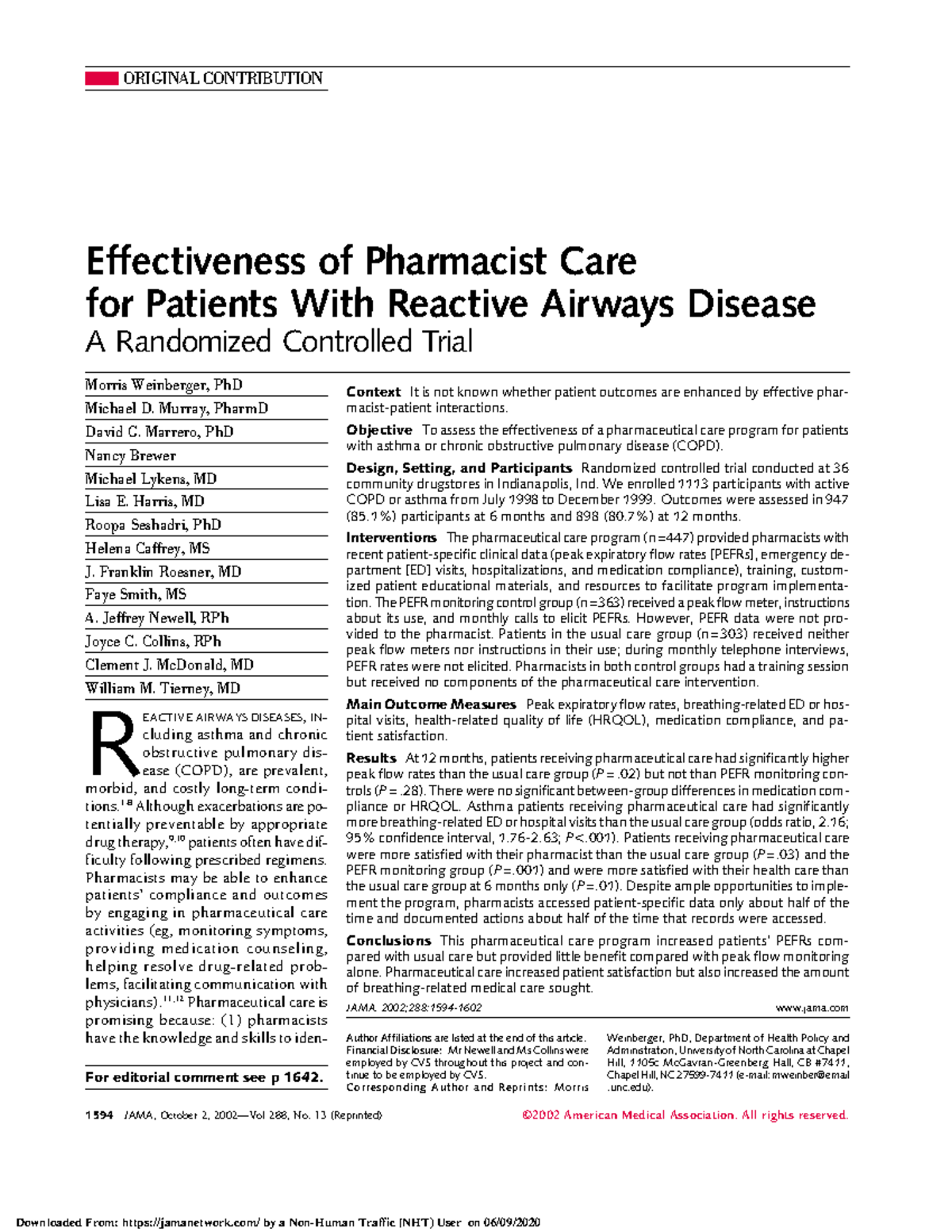 Effectiveness of Pharmacist Care for Pat - ORIGINAL CONTRIBUTION ...