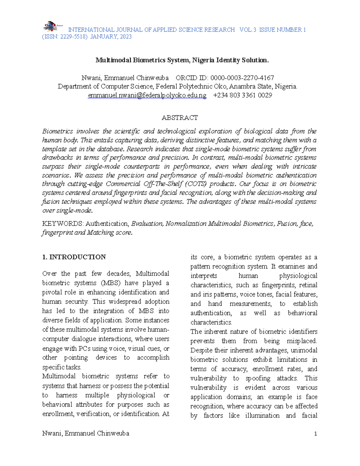 Multimodal Biometrics Issn 2229 5518 January 2023 Multimodal Biometrics System Nigeria
