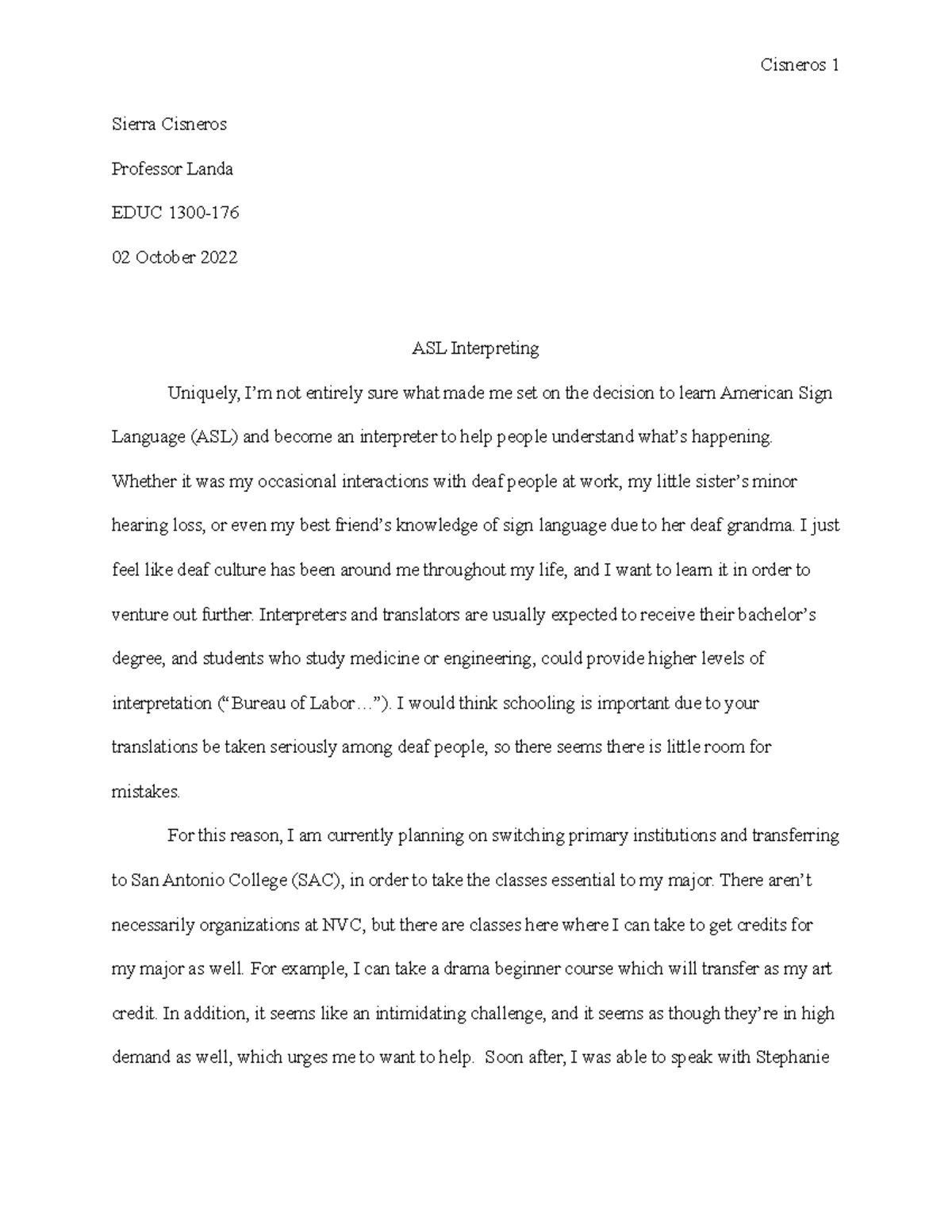 Interview Essay - Sierrra Cisneros - Cisneros 1 Sierra Cisneros ...