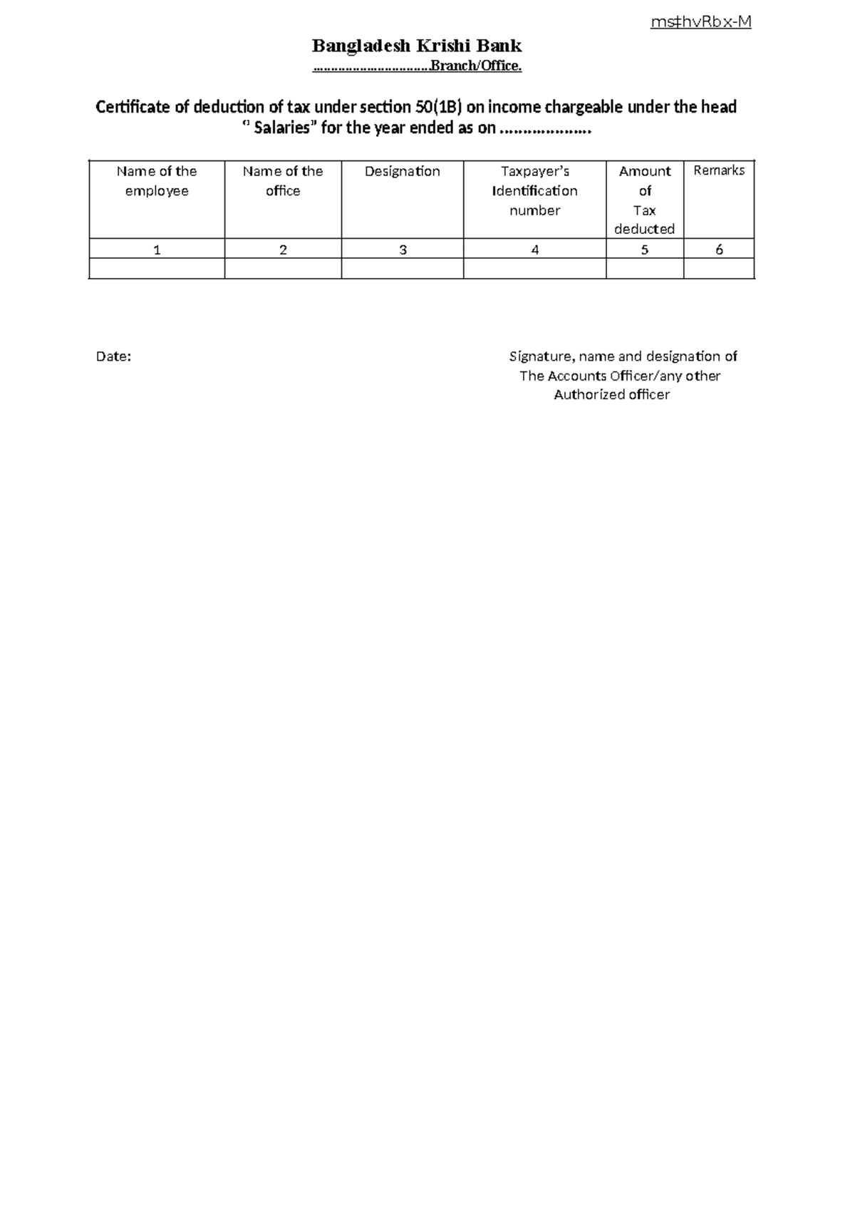 Formate of Tax Deduction Certificate - ms‡hvRbx-M Bangladesh Krishi ...
