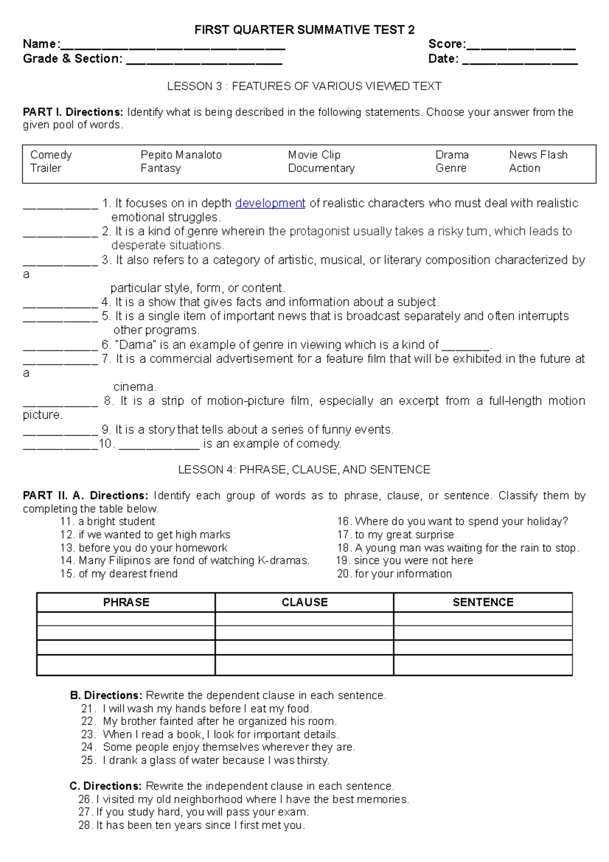 First Quarter Summative TEST 2 - FIRST QUARTER SUMMATIVE TEST 2 - Studocu
