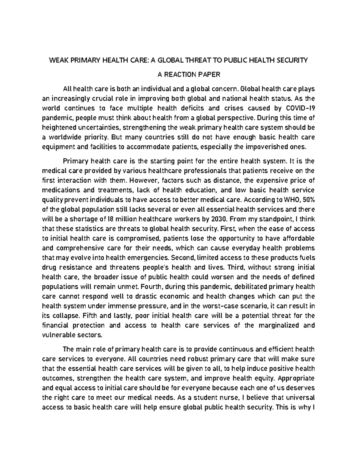 Reaction Paper on Weak Primary Healthcare - WEAK PRIMARY HEALTH CARE: A ...