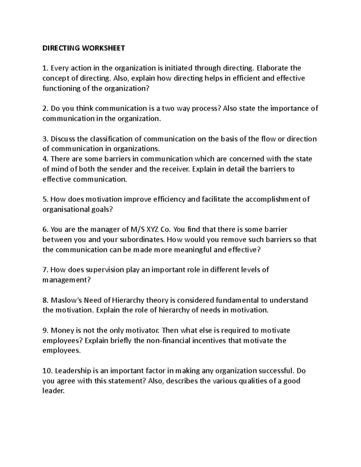 Directing - notes - DIRECTING WORKSHEET Every action in the ...