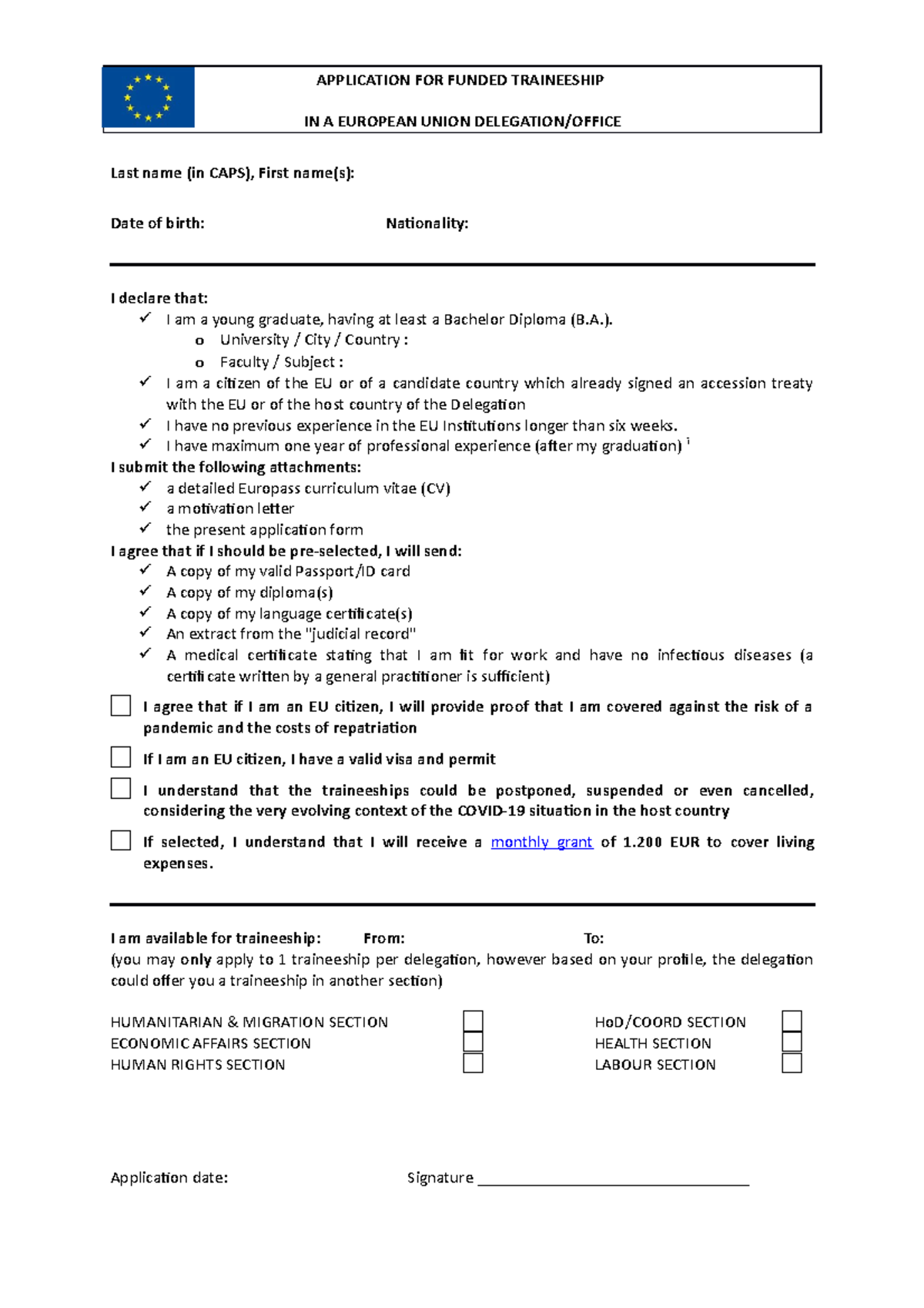 Switzerland Geneva UN Application form for a Funded traineeship Multi ...