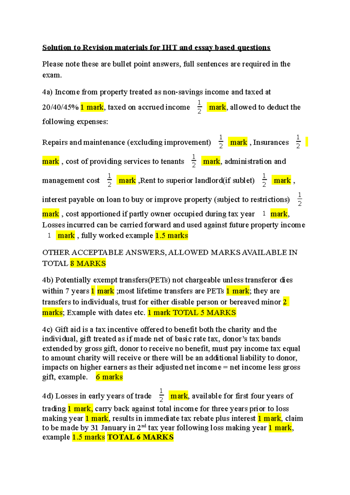 Solution to Revision materials for IHT and essay based questions - 4a ...