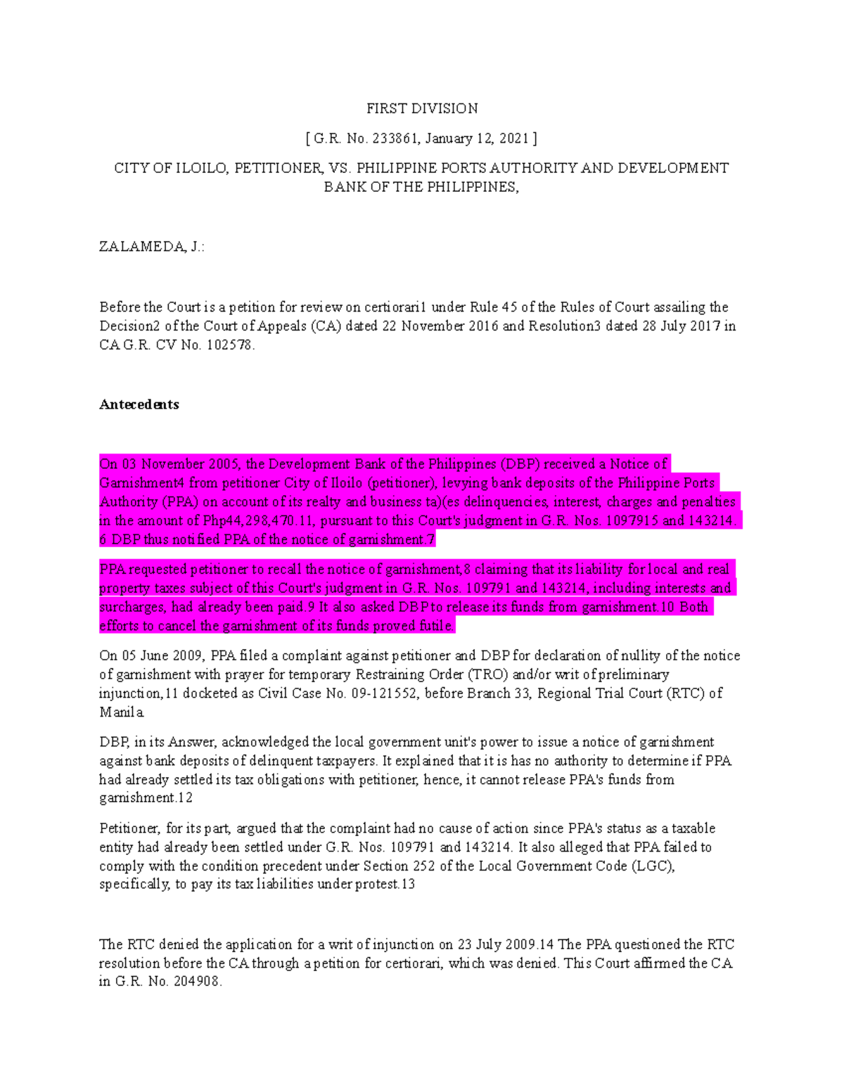 Iloilo vs PPA Highlighted - FIRST DIVISION [ G. No. 233861, January 12 ...