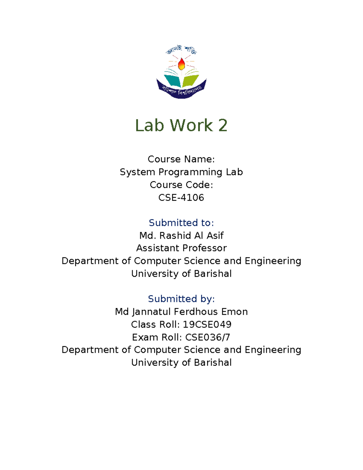 Lab Work 2 Lab Work 2 Course Name System Programming Lab Course Code Cse Submitted To Md 1325