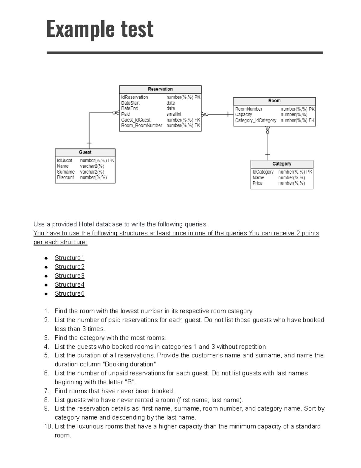Example test SQL - for sql - Example test Use a provided Hotel database ...