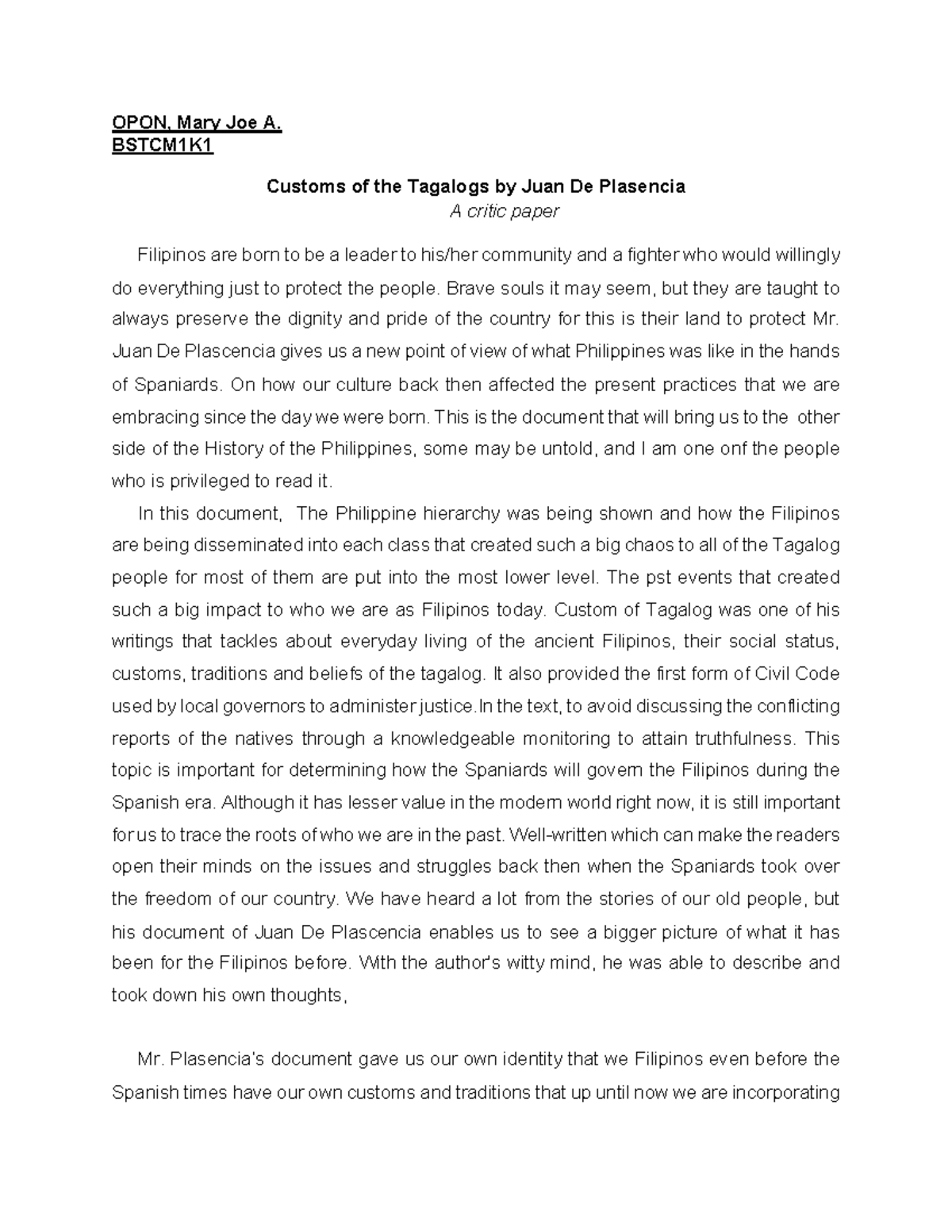 RPH Customs of the Tagalog Critic Paper - OPON, Mary Joe A. BSTCM1K ...