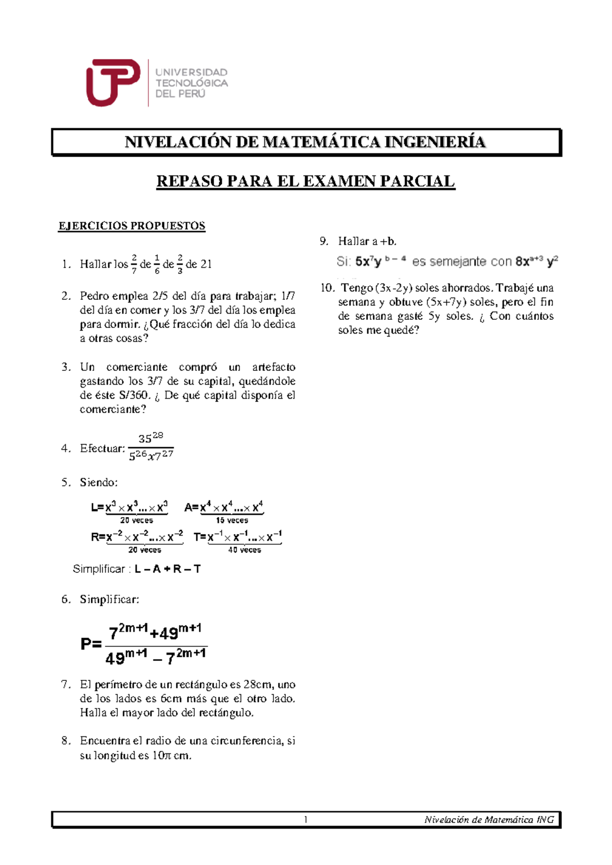 Ejercicios propuestos - 1 Nivelación de Matemática ING NIVELACIÓN DE MATEMÁTICA INGENIERÍA ...