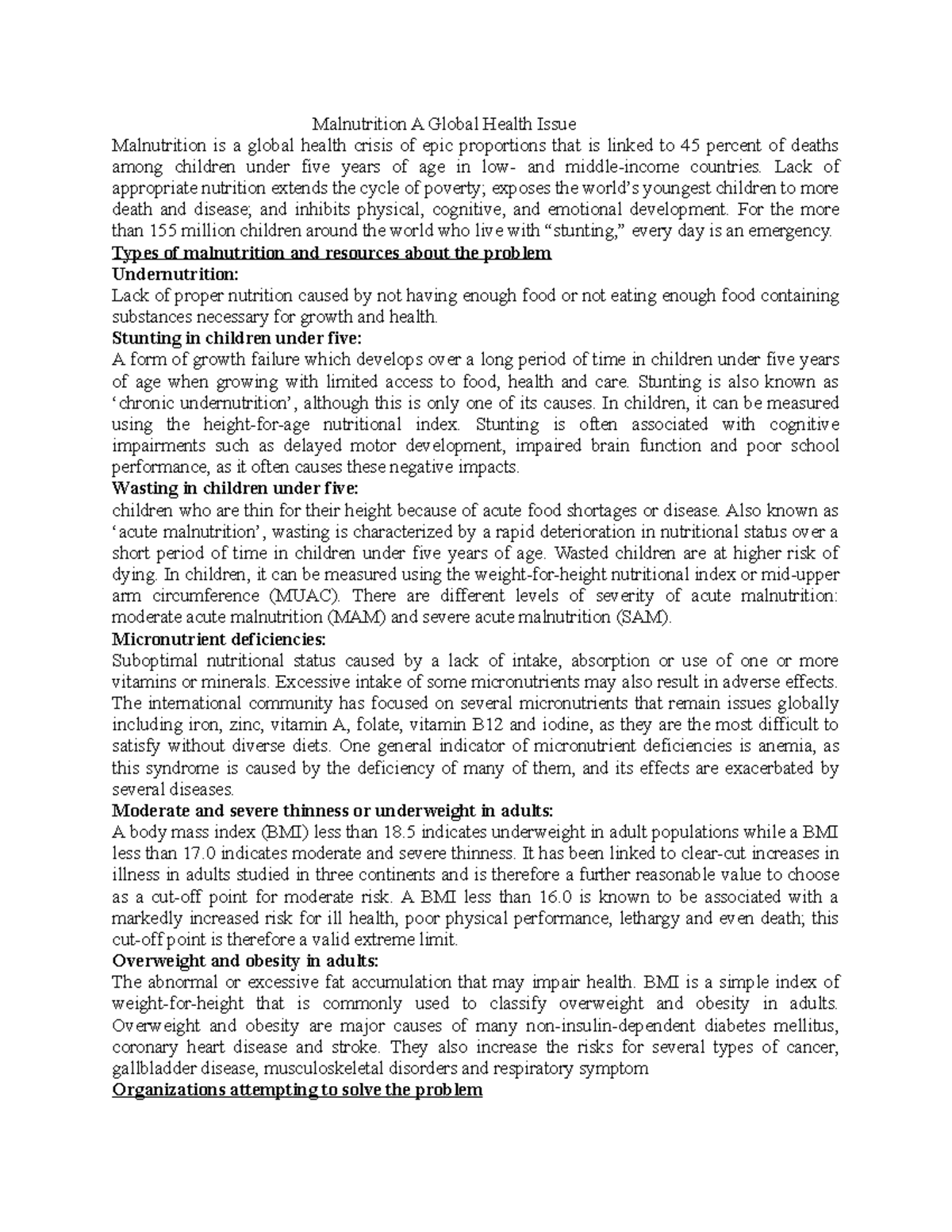 Malnutrition a global health issue - Malnutrition A Global Health Issue ...