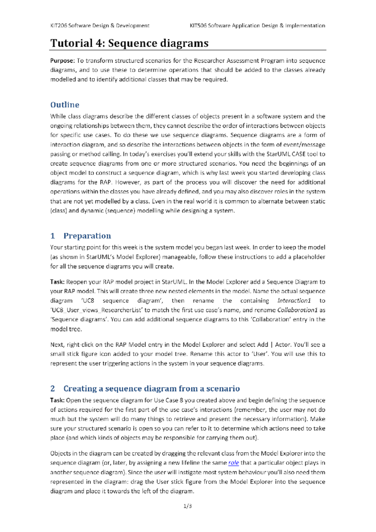 Tutorial 04 - Sequence diagrams (week 5) - KIT206 KIT506 Software Design and Development and ...