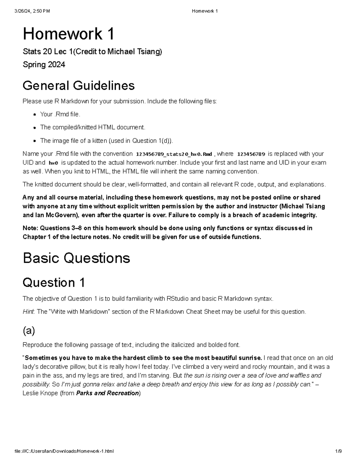 Homework 1 for Stats 20 - Homework 1 Stats 20 Lec 1(Credit to Michael ...