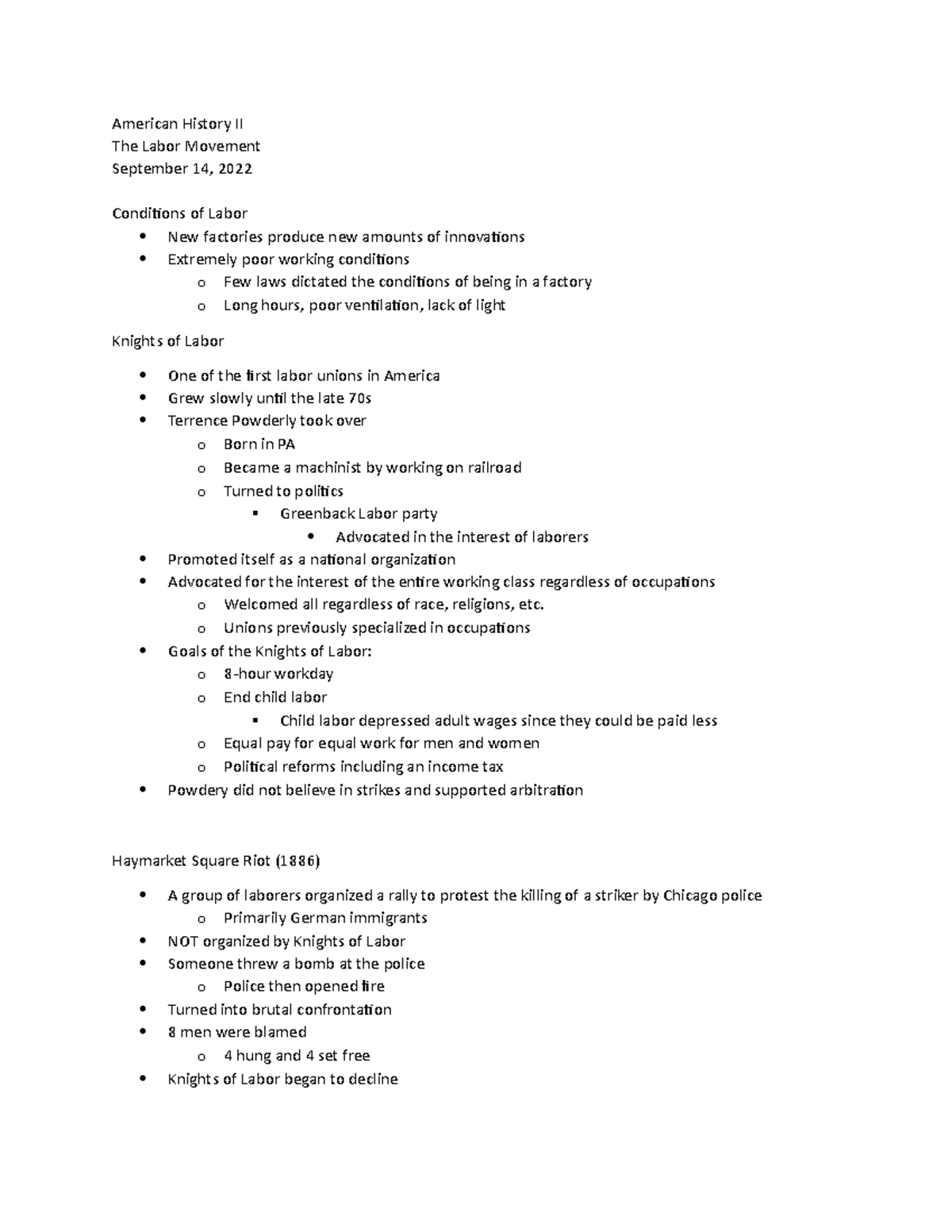 The Labor Movement - 2022 FALL HIST1302AB American History II - Sara ...